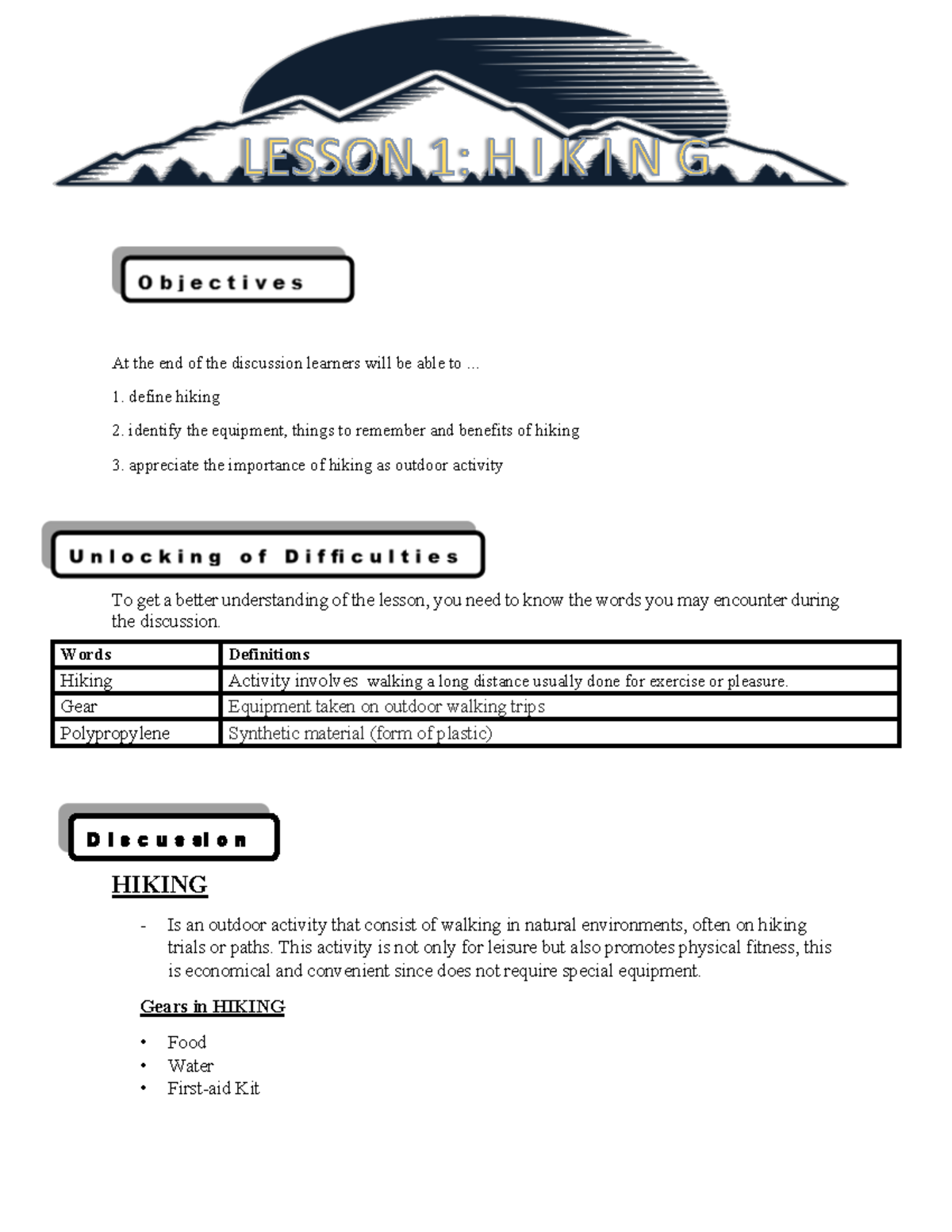 Lesson 4 - Introduction to Hiking: Equipment, Benefits, and Tips - Studocu