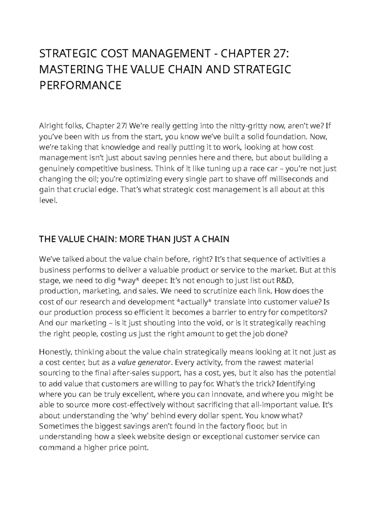 Mastering Strategic Cost Management (Chapter 27): Value Chain Insights ...