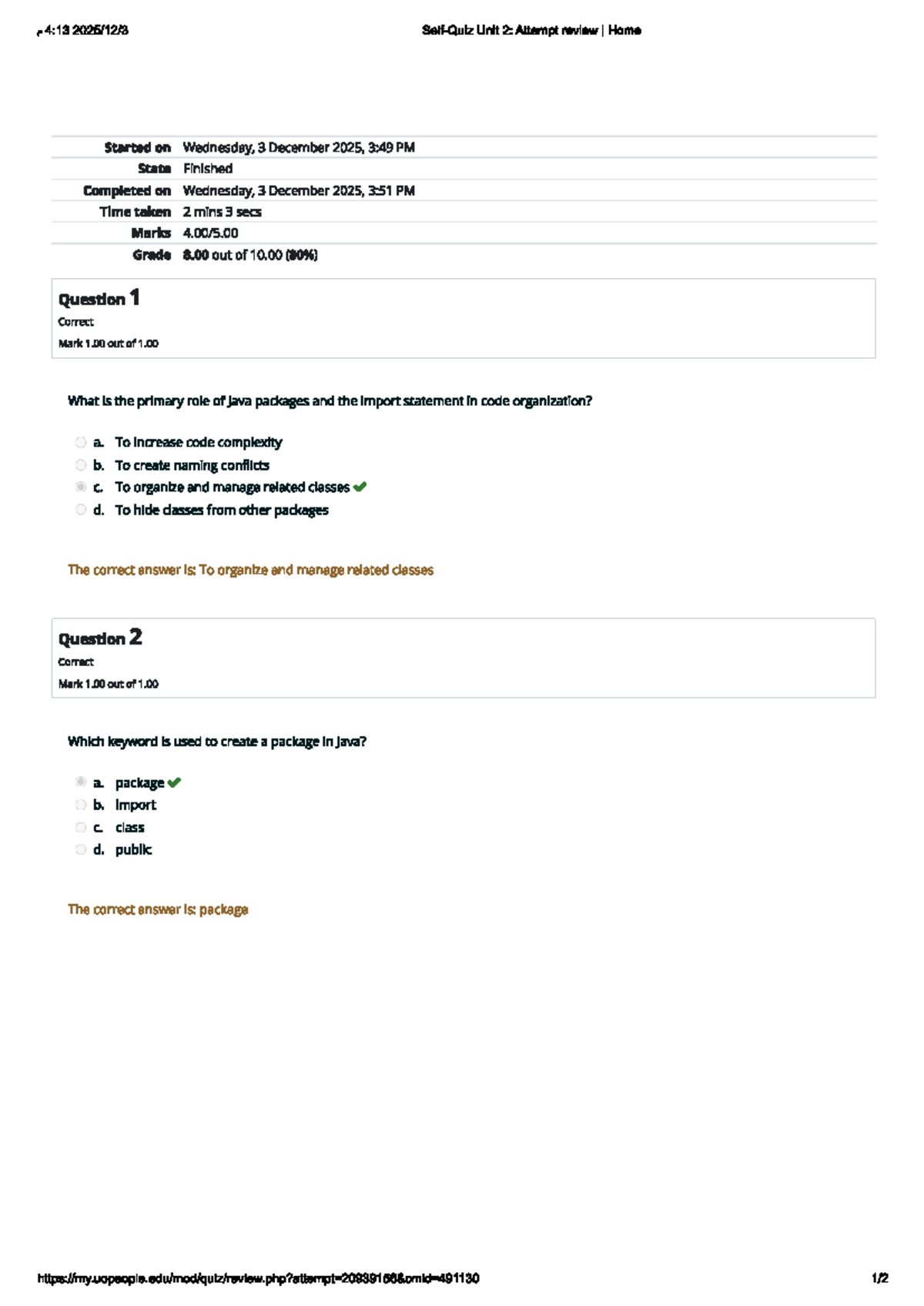 Self-Quiz Unit 2: Java Packages & Import Statement Review - Studocu
