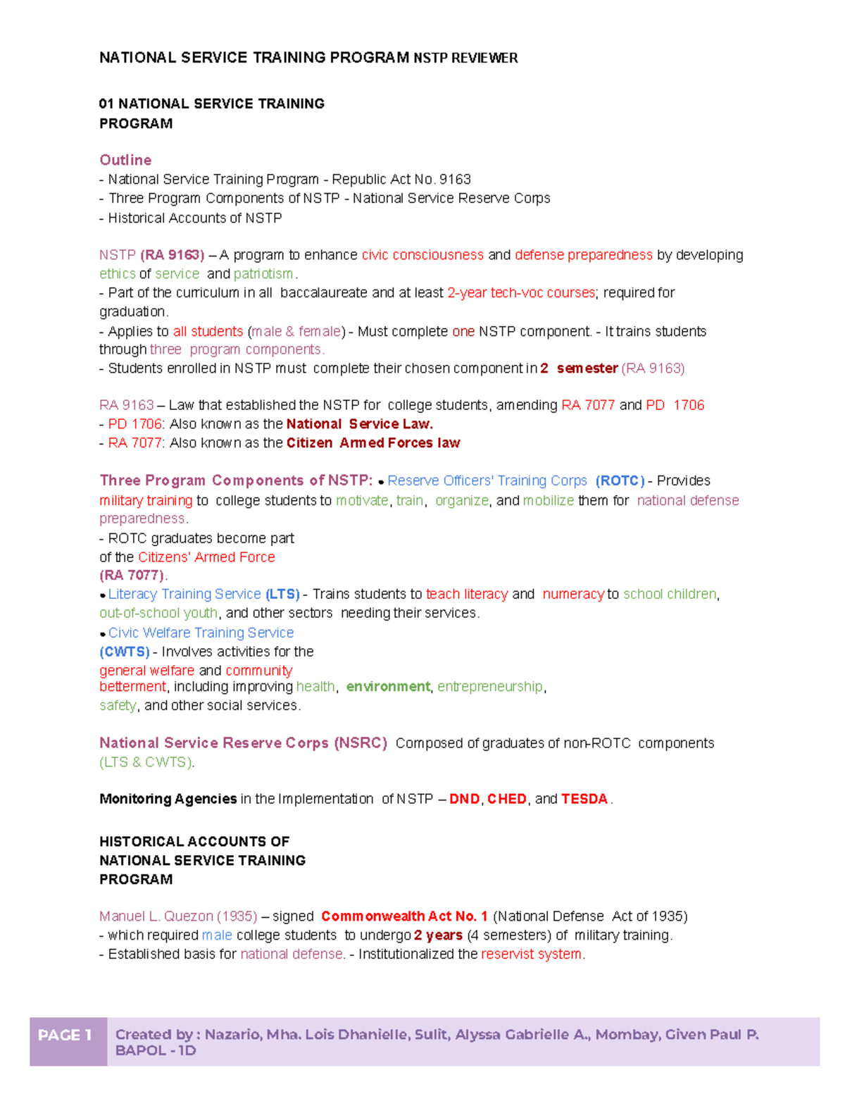 NSTP 01: Comprehensive Reviewer on National Service Training Program - Studocu