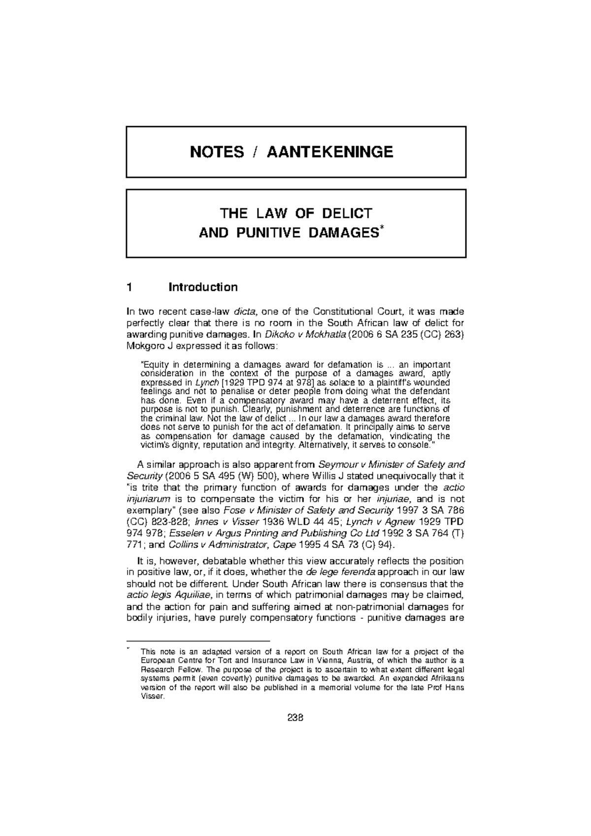 Neethling 2008: The Law of Delict & Punitive Damages Notes - Studocu