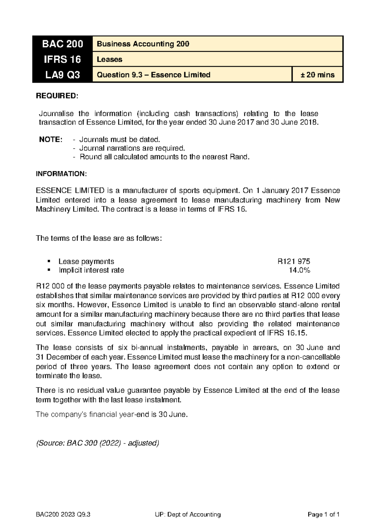 LA16 - Question 3 (Essence Limited) - BAC200 2023 Q9. 3 UP: Dept of ...