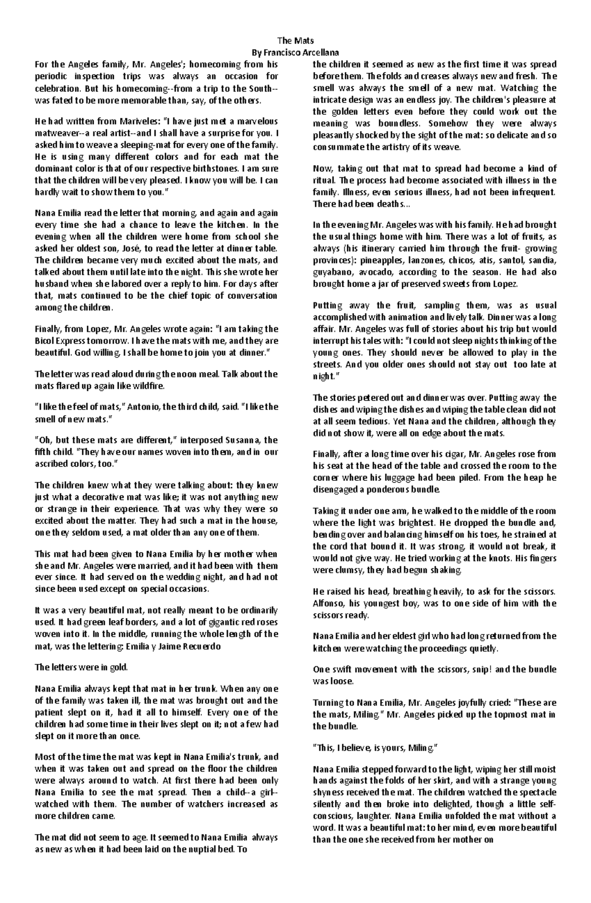 The Mats - A Short Story Analysis and Discussion (ENG101) - Studocu