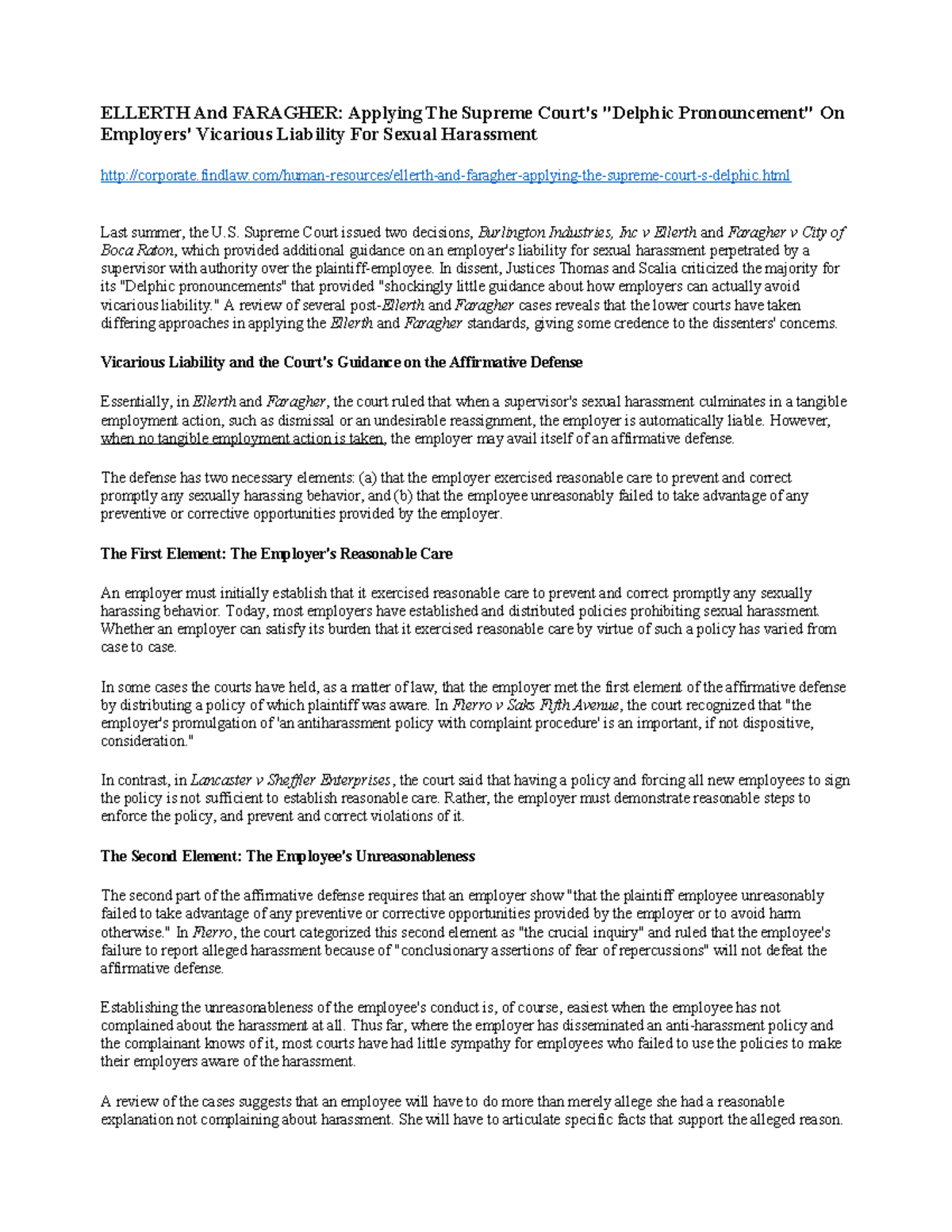 Ellerth & Faragher: Supreme Court's Impact on Vicarious Liability - Studocu