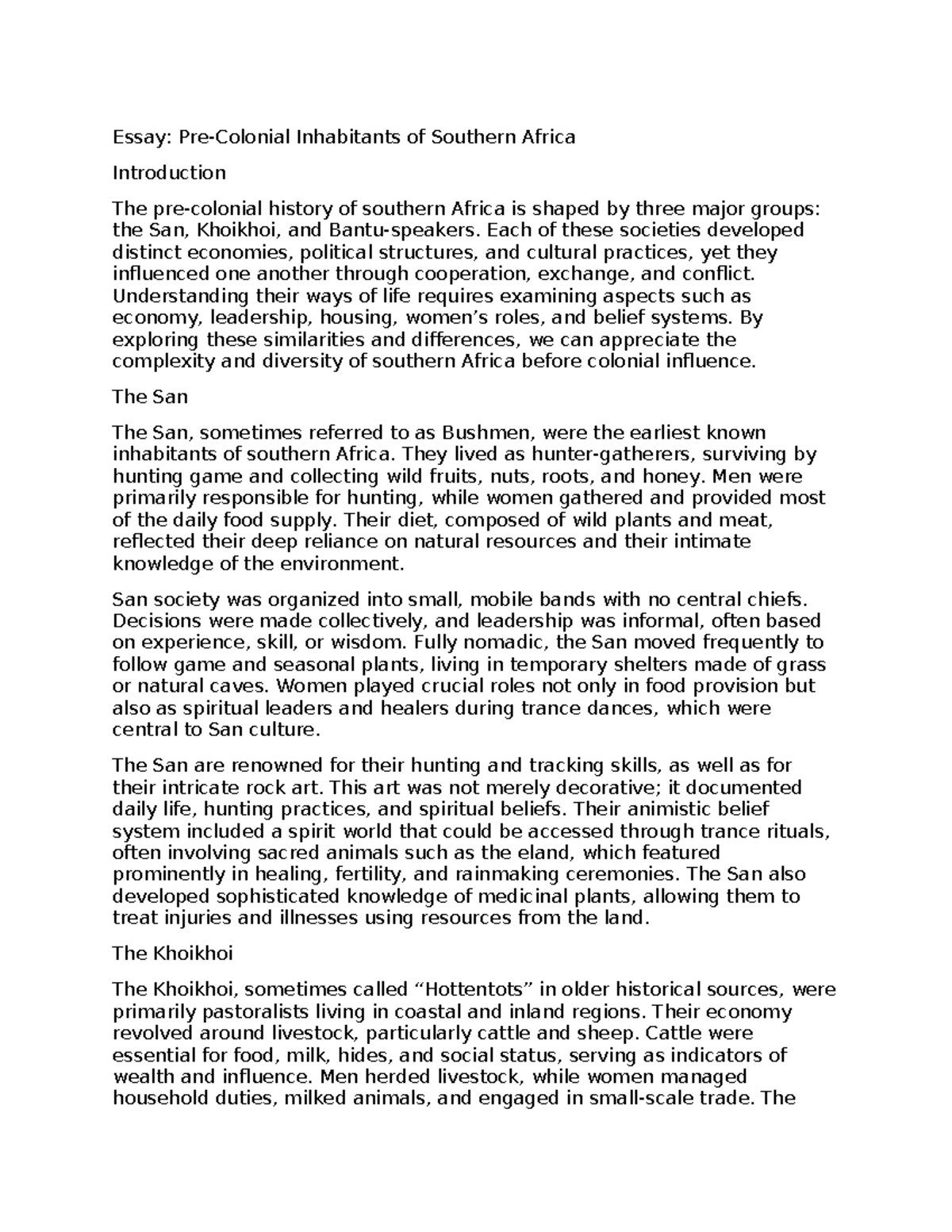 Essay: Precolonial Southern Africa - Inhabitants & Cultures - Studocu