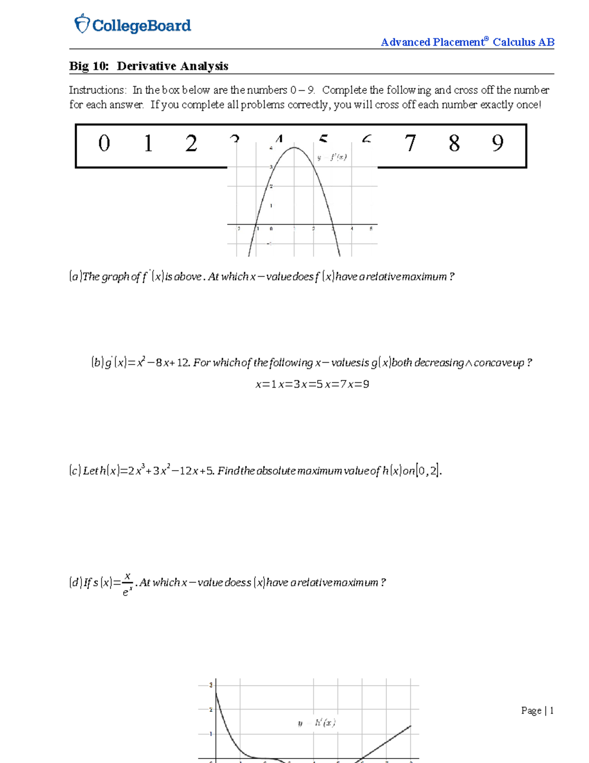 16-Big 10 Derivative Analysis Exercises for AP Calculus AB - Studocu