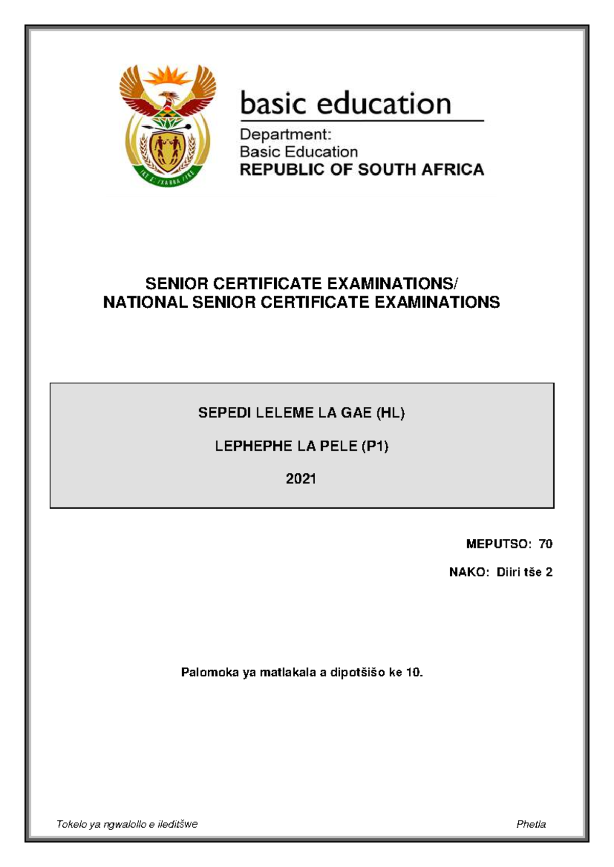 Sepedi HL P1 Final Exam Guidelines & Questions 2021 - Studocu