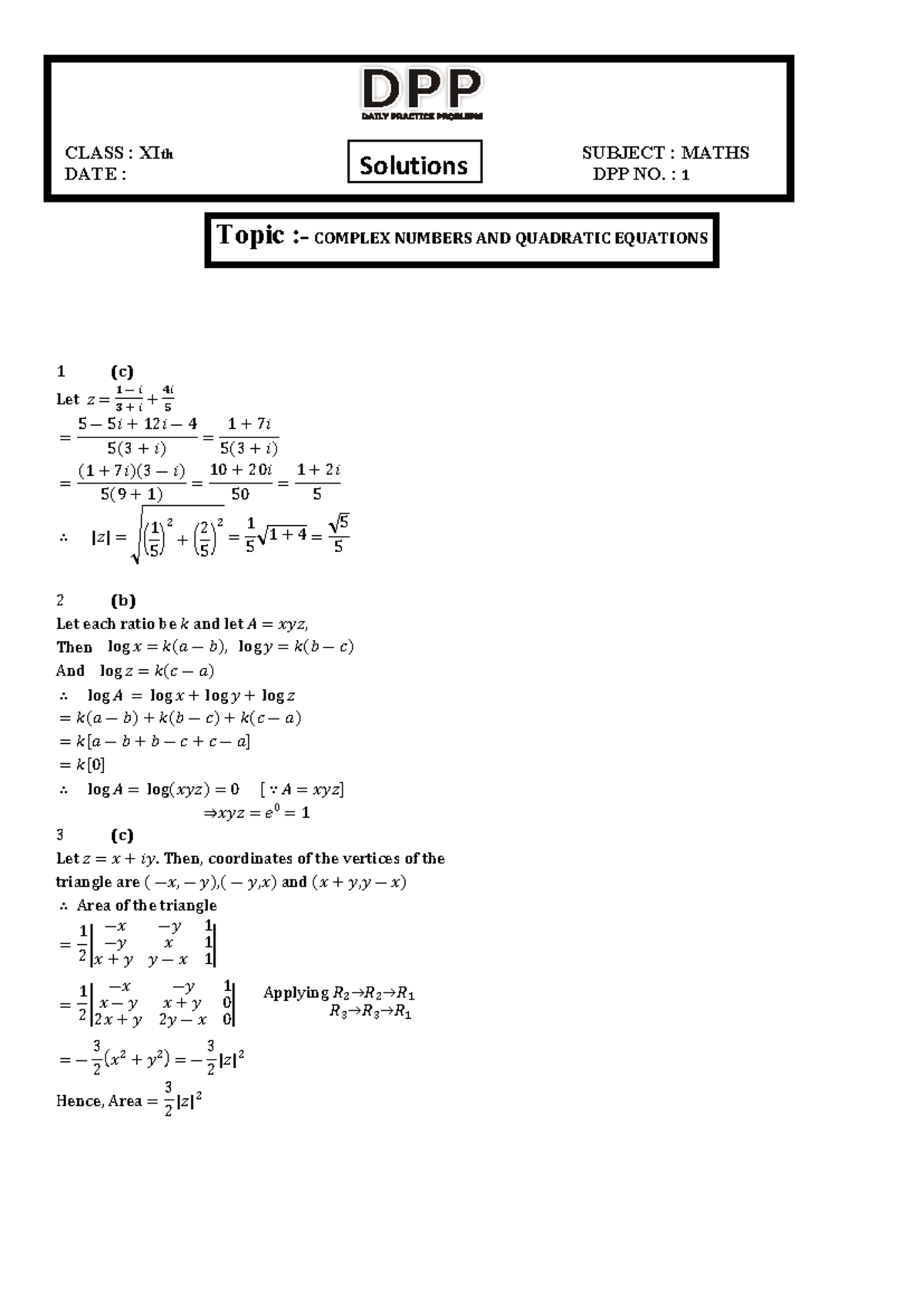 CLASS XI Maths DPP 1: Complex Numbers & Quadratic Equations Solutions ...
