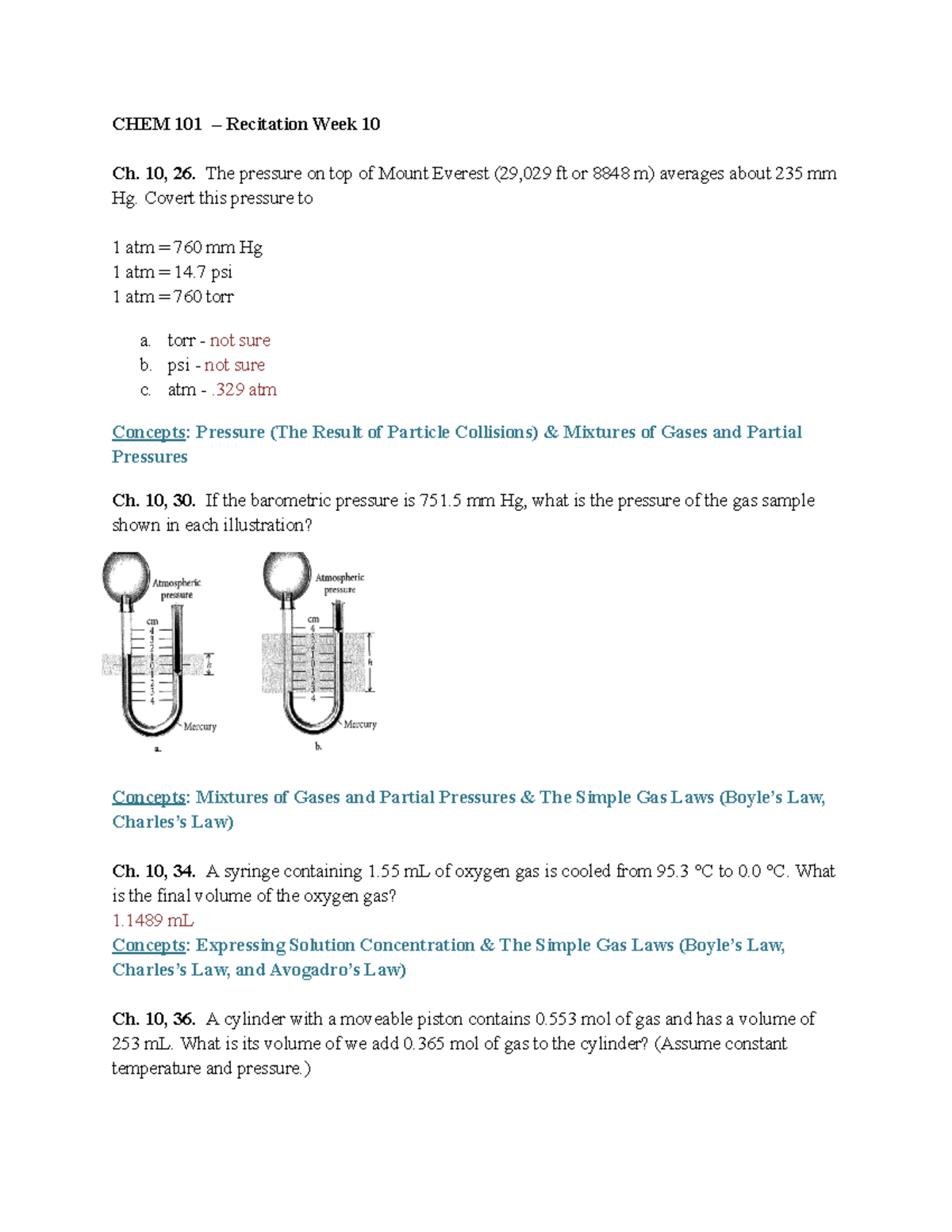 Week 10 pre-recitation assignment - CHEM 101 – Recitation Week 10 Ch ...