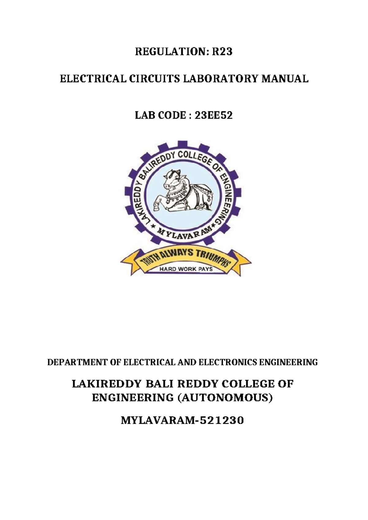 Electrical Circuits Lab Manual: 23EE52 Experiments & Procedures - Studocu