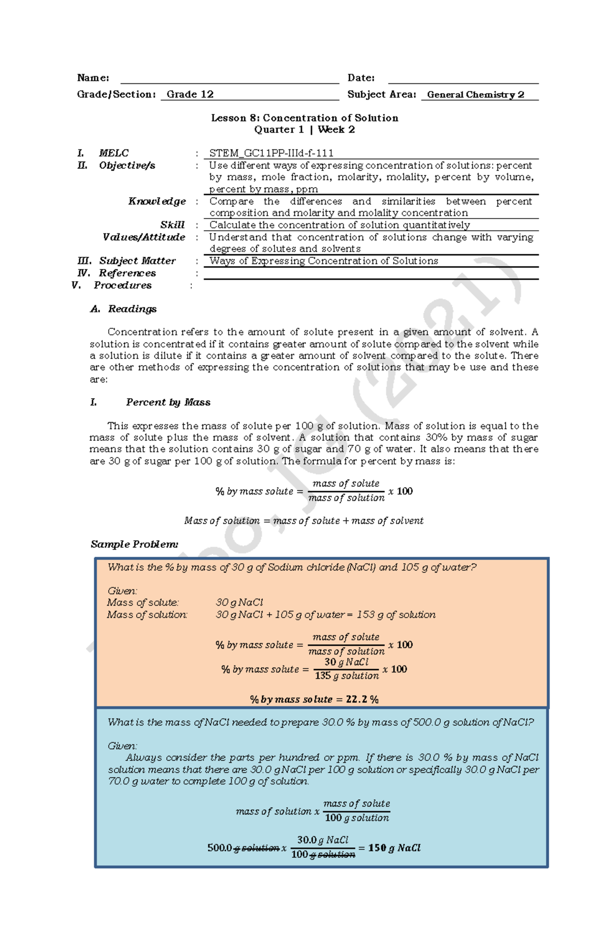 GC2 1Q Lesson 8: Concentration of Solutions in General Chemistry - Studocu