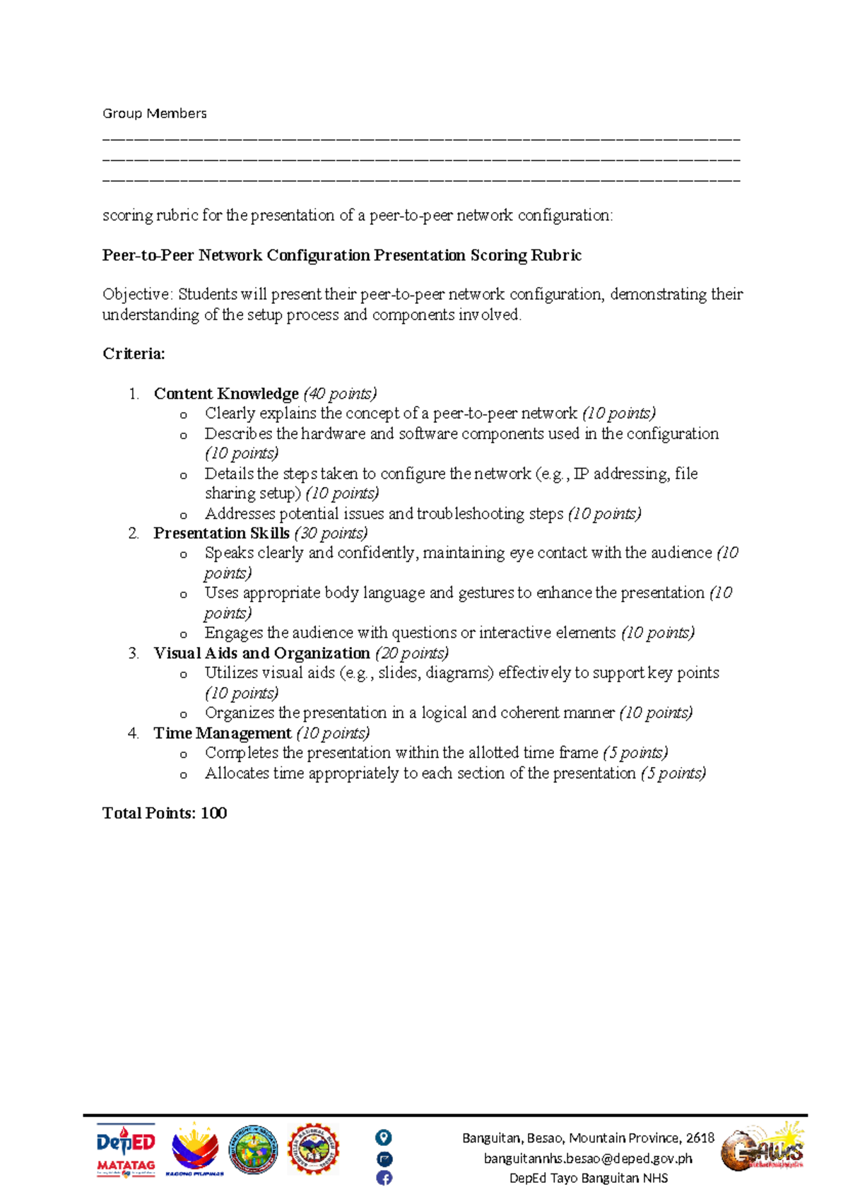 Peer-to-Peer Network Config Presentation Scoring Rubric - Studocu