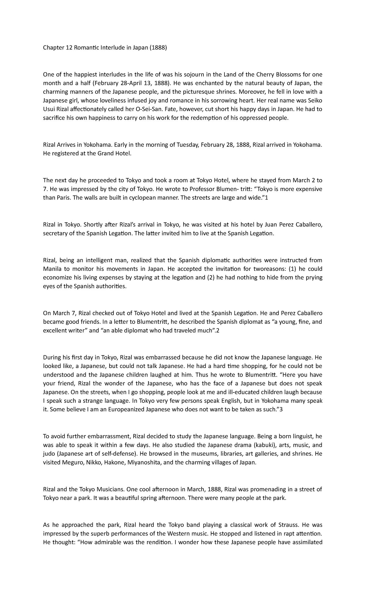 Life of Rizal: Chapter 12 - Romantic Interlude in Japan (1888) - Studocu