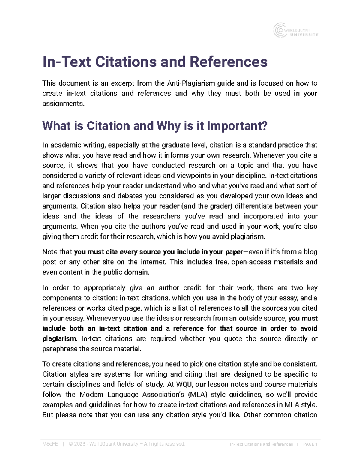 In-Text Citations and References Guide for MScFE 2023 - Studocu