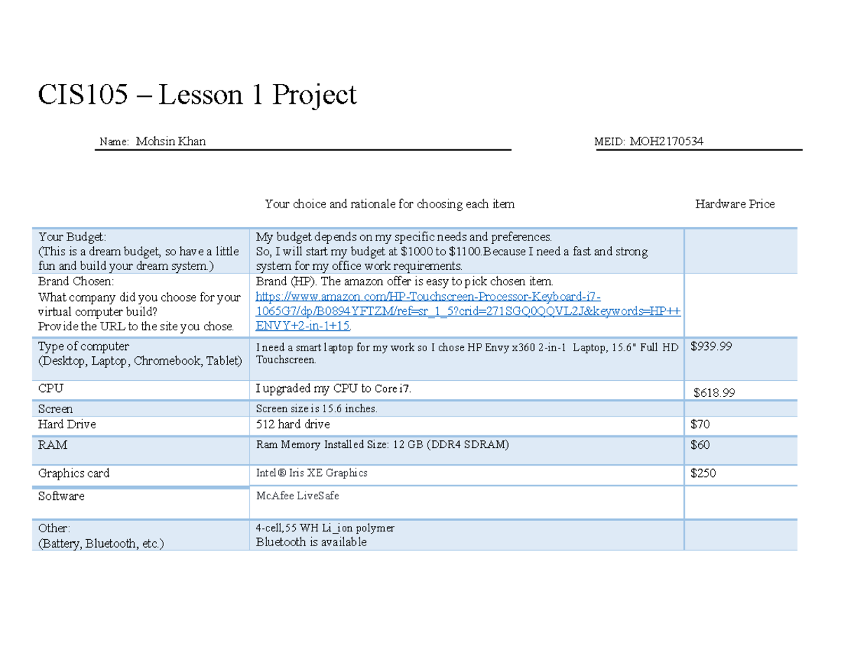 CIS 105 lesson 1 project 1 - CIS105 – Lesson 1 Project Name: Mohsin Khan MEID: MOH Your choice ...