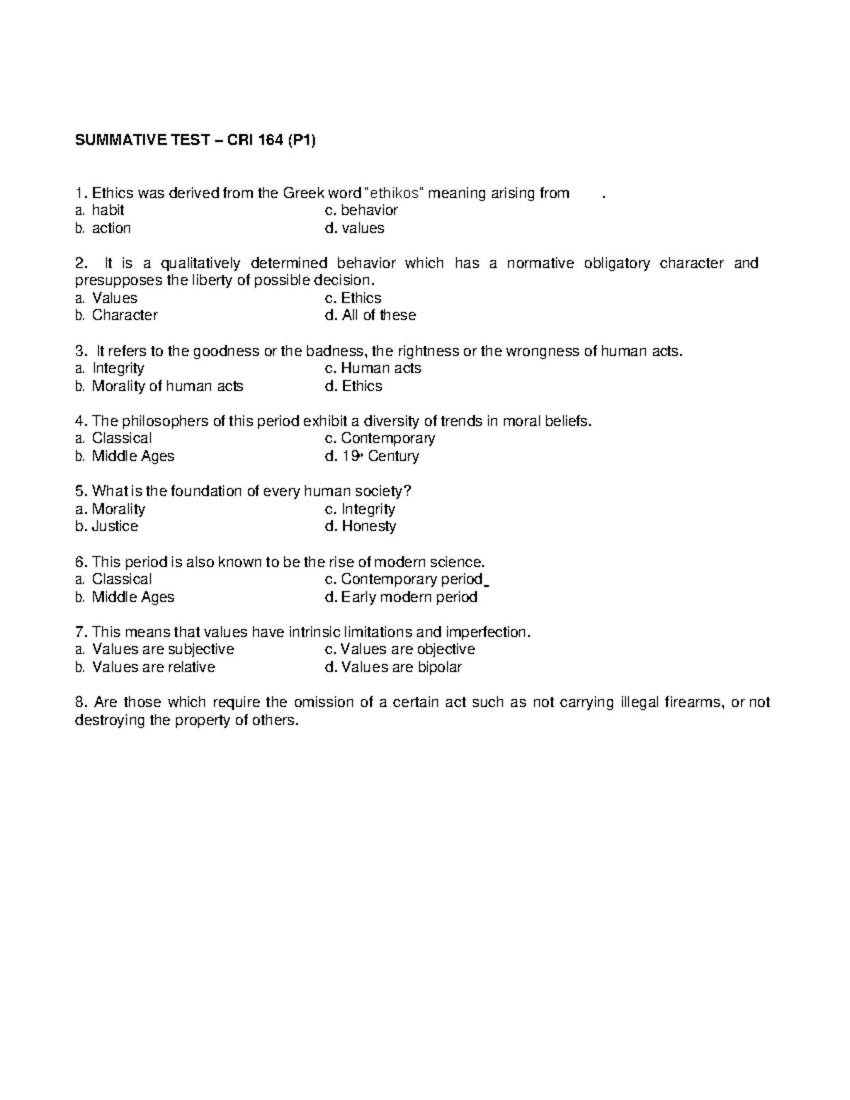 Summative Test Notes for CRI 164 (P1) - Ethics and Human Rights - Studocu