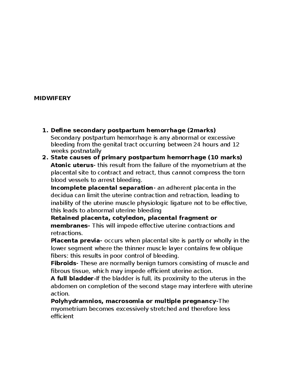 MIDWIFERY 1: Postpartum Hemorrhage & Cord Prolapse Management - Studocu