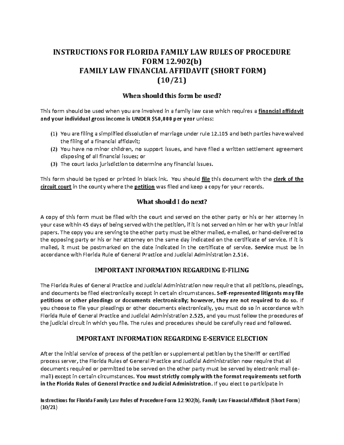 Family Law Financial Affidavit (Short Form) - Florida Form 12.902(b ...