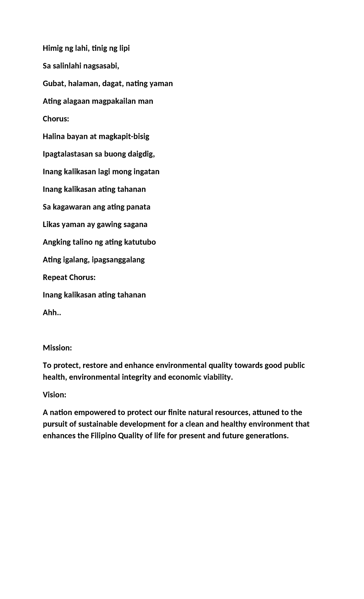 DENR Hymn Analysis and Environmental Mission Vision Overview - Studocu