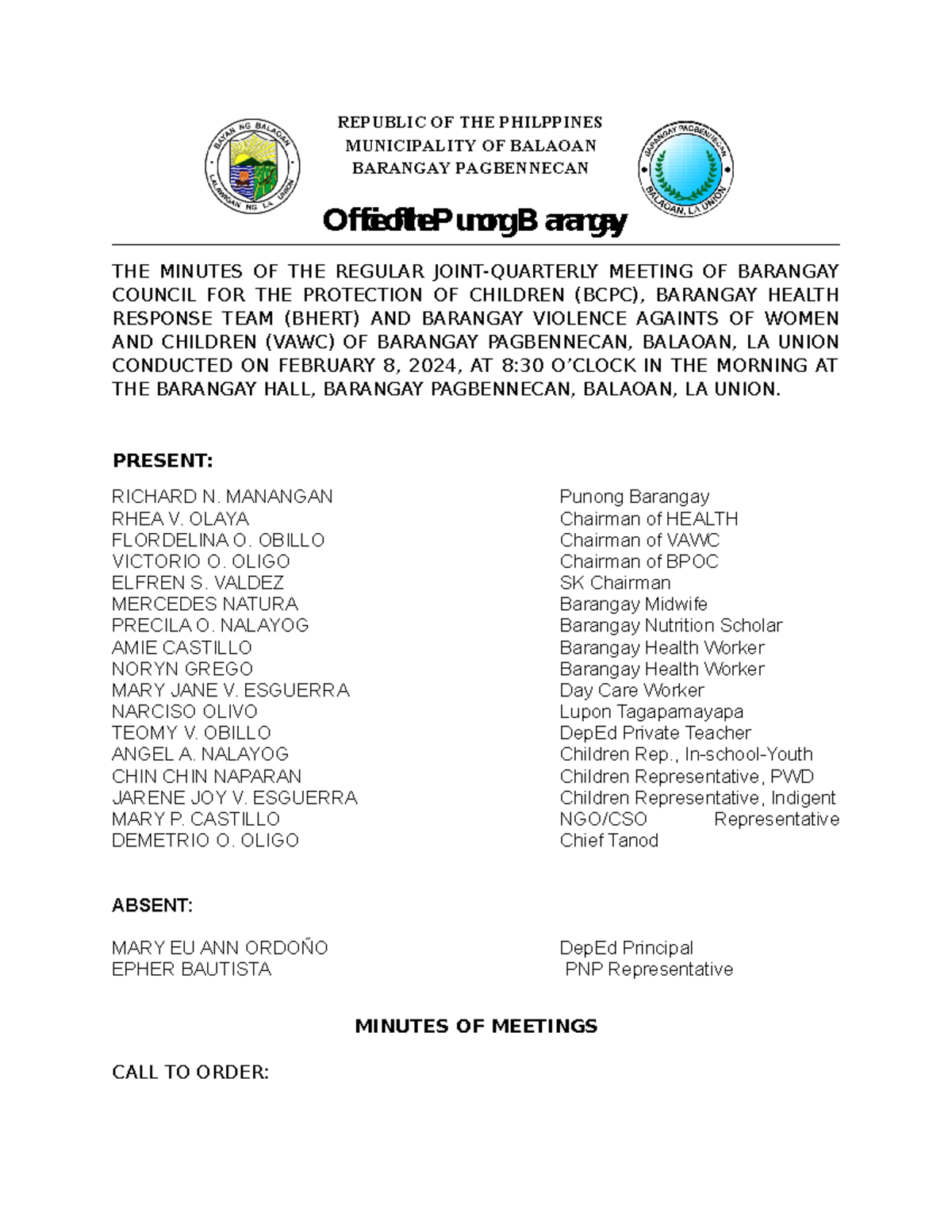 Quarterly Meeting Minutes: BCPC, BHERT & VAWC - Feb 2024 - Studocu