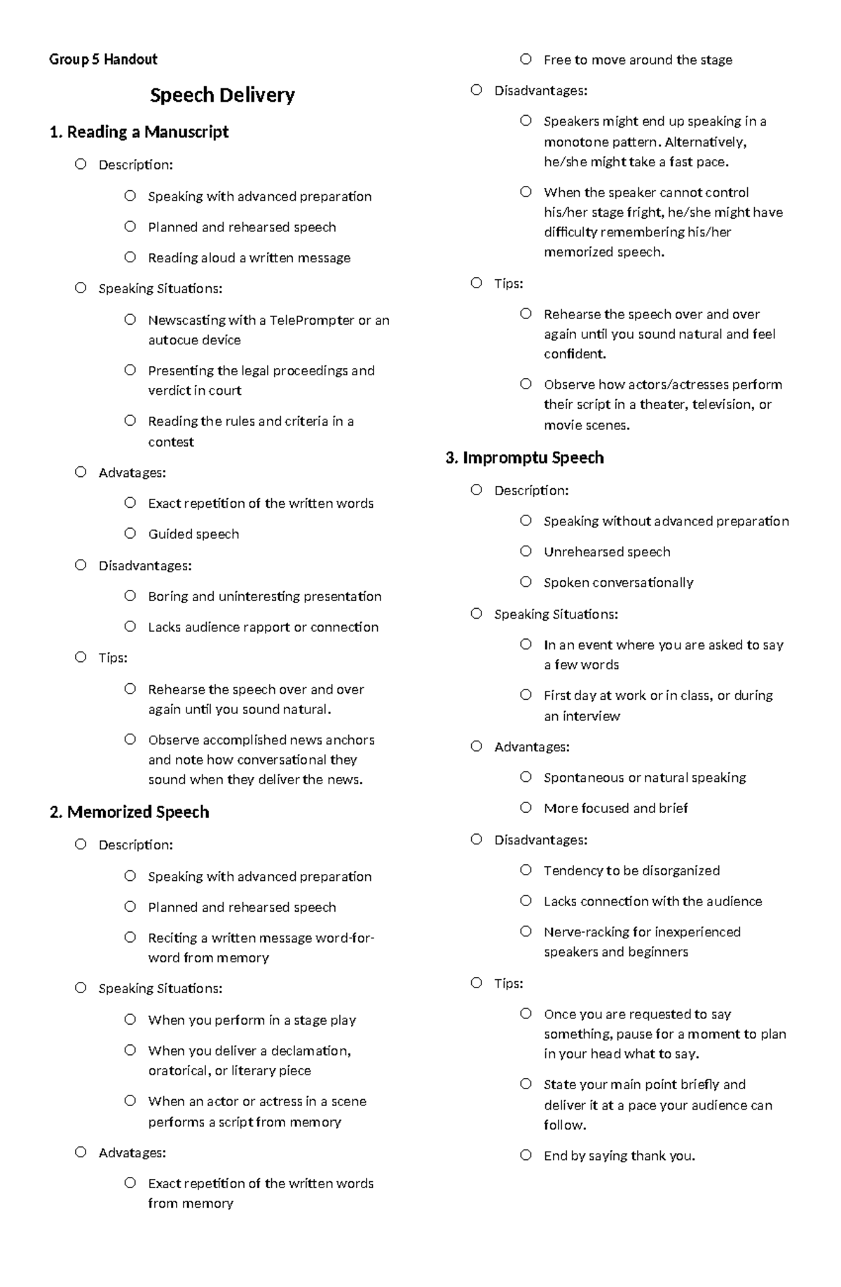 Speech Delivery Techniques: Group 5 Handout Guide - Studocu