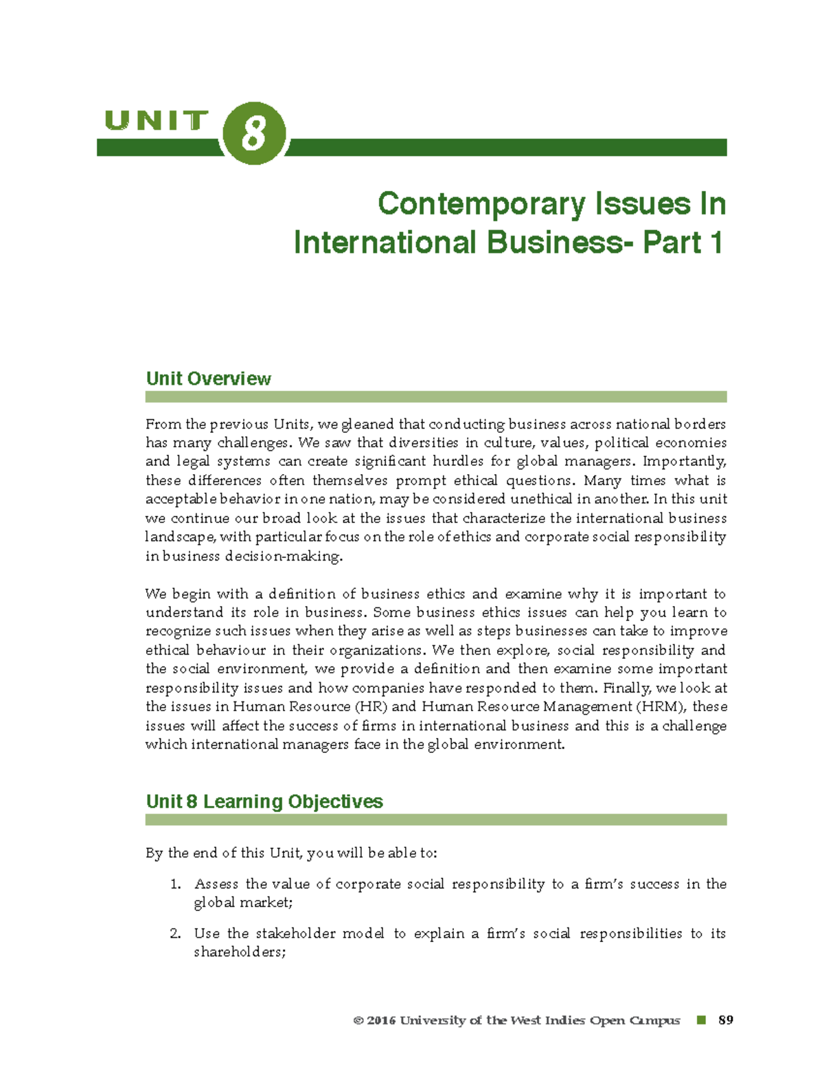 MGMT2013 Unit 8: Ethics and Corporate Social Responsibility in Int'l ...