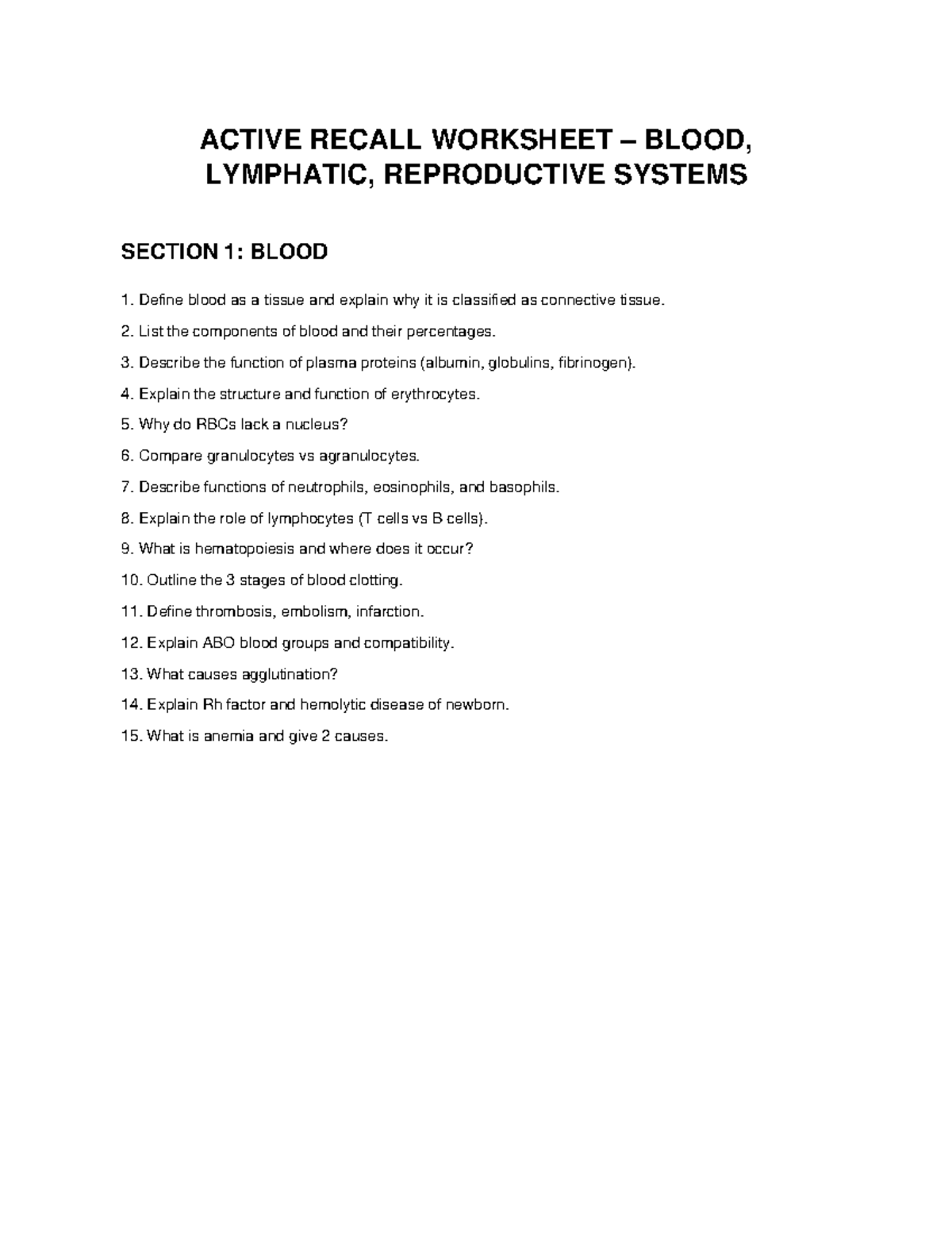 Active Recall Worksheet: Blood, Lymphatic & Reproductive Systems - Studocu