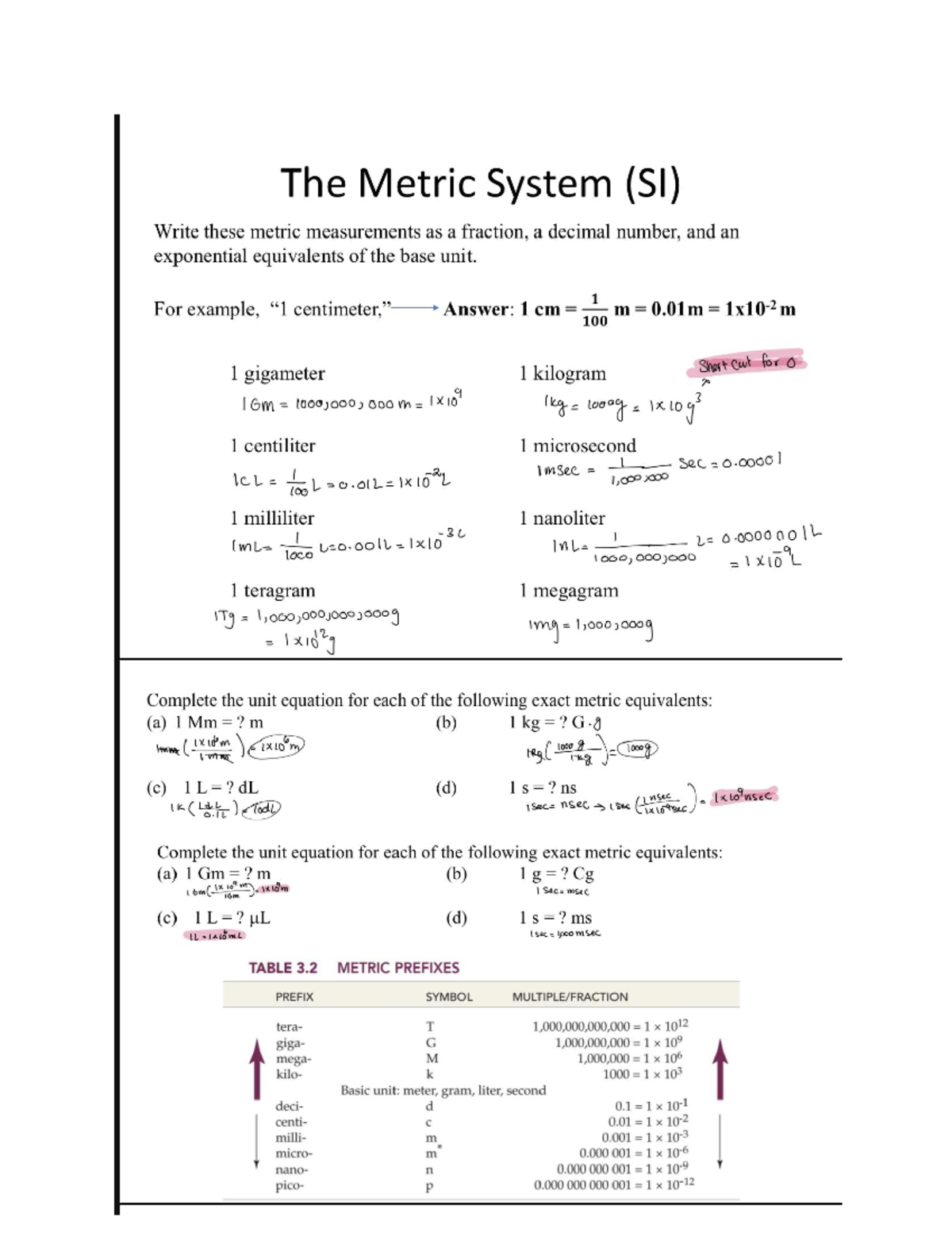Note 1 - notes - The Metric System (SI) Write these metric measurements ...