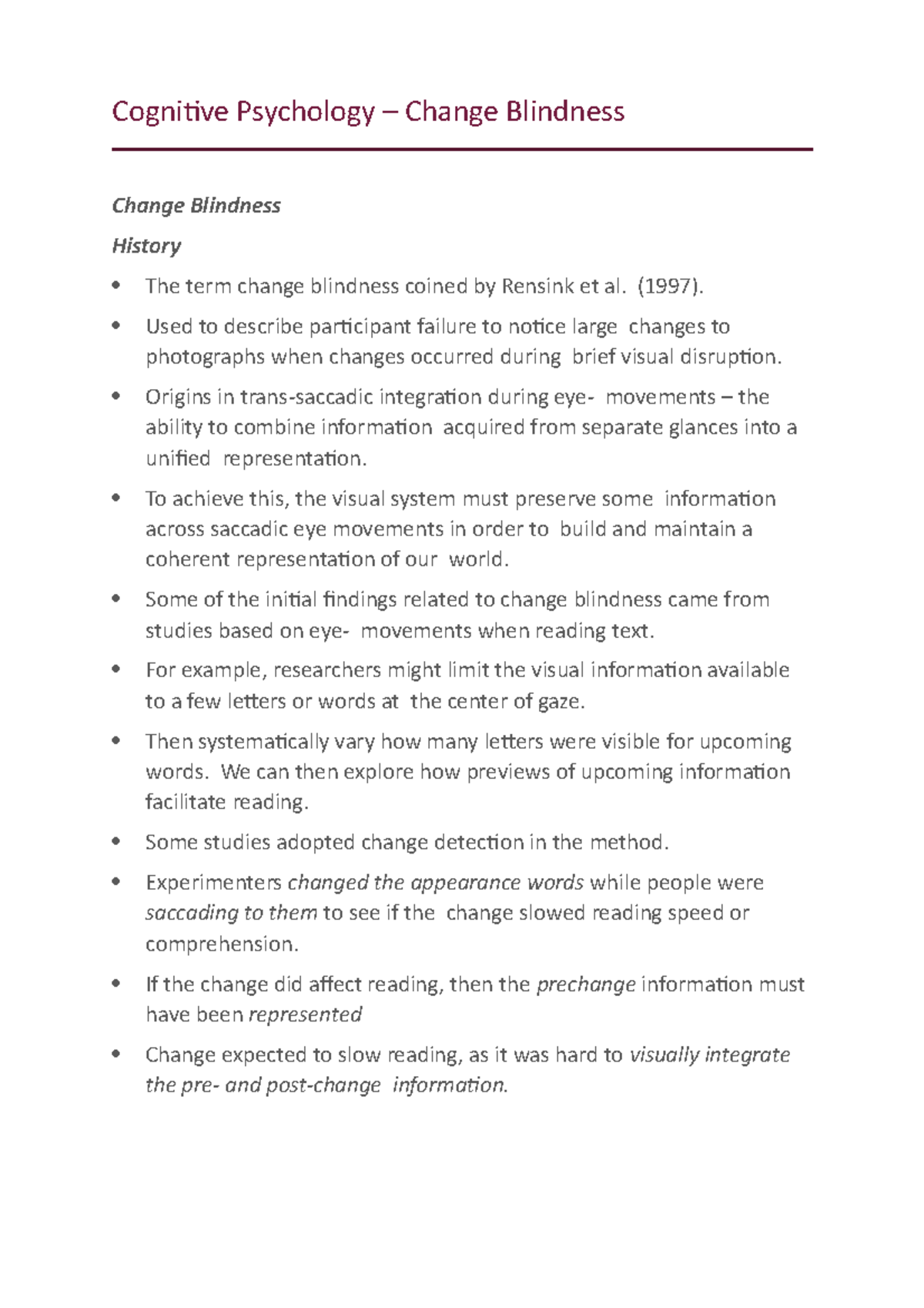 Cognitive Psychology 101: Understanding Change Blindness Concepts - Studocu