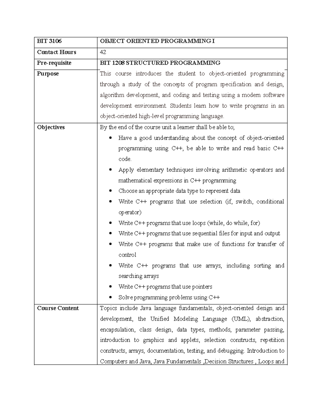 BIT 3106 Object Oriented Programming I Course Overview and Content ...