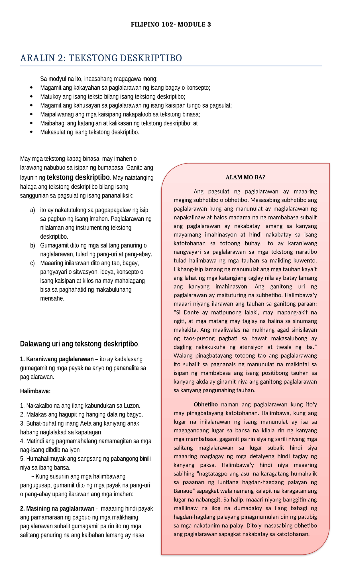 Filipino 102 - Module 3: Tekstong Deskriptibo at Pagsusuri - Studocu