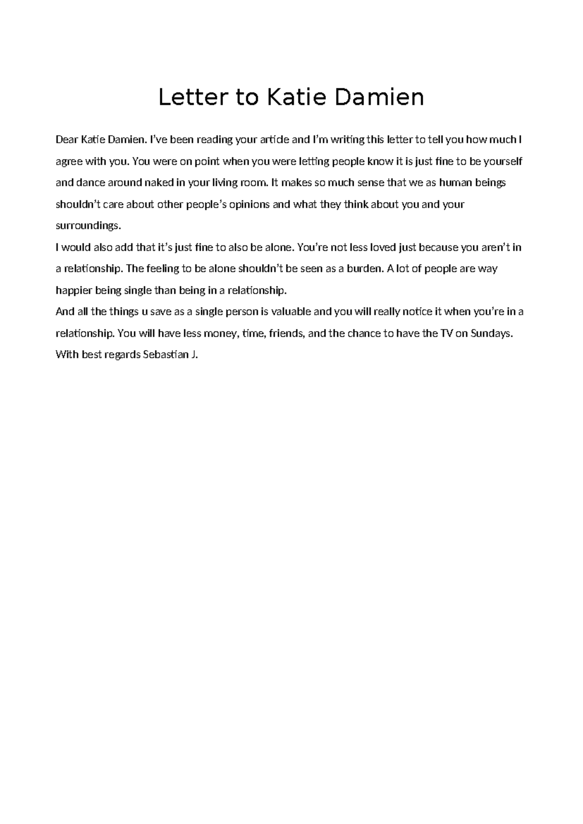 Letter to Katie Damien - dasss - Letter to Katie Damien Dear Katie ...