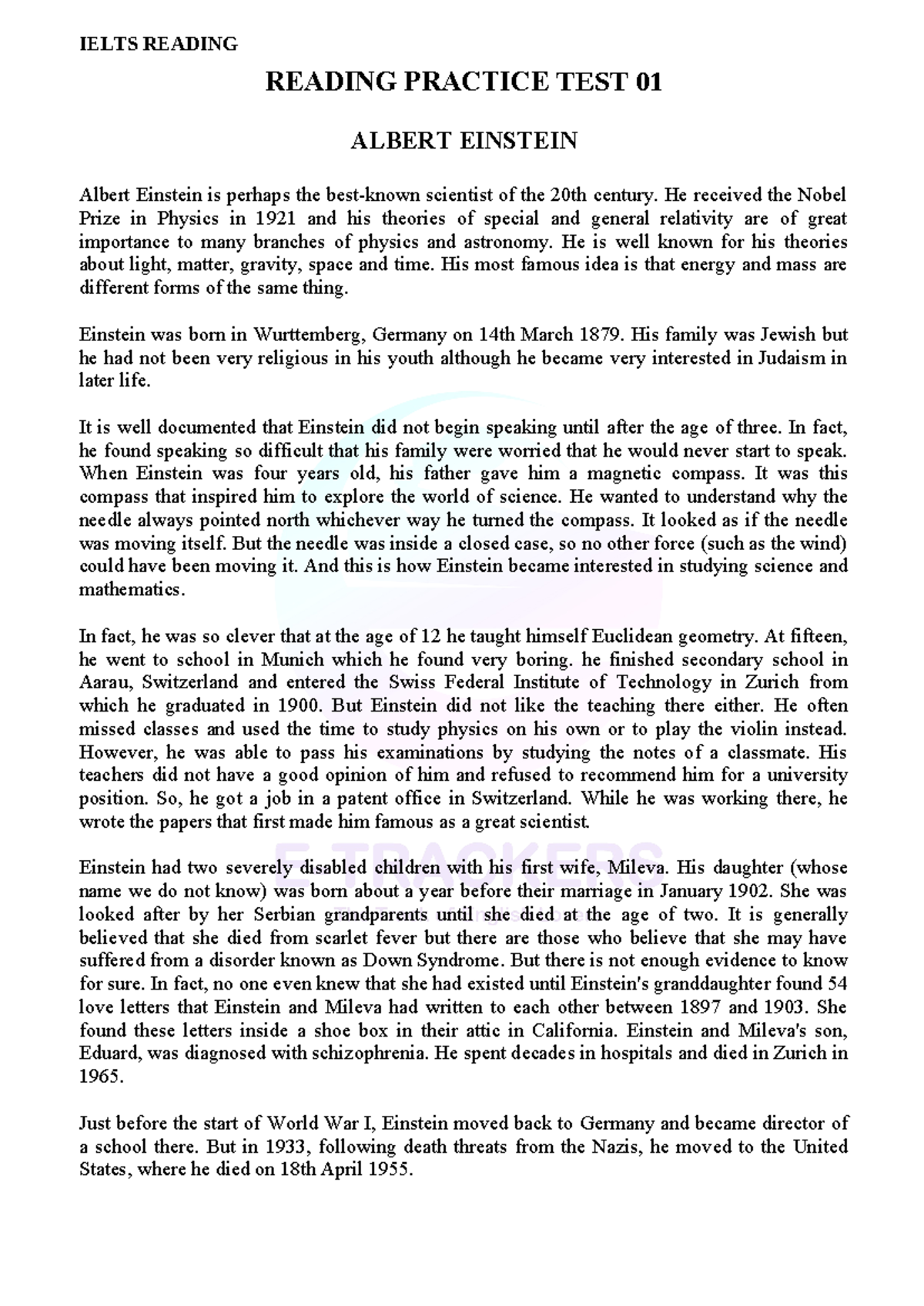 Reading Practice Test 02: Key Insights on Einstein's Life & Legacy ...