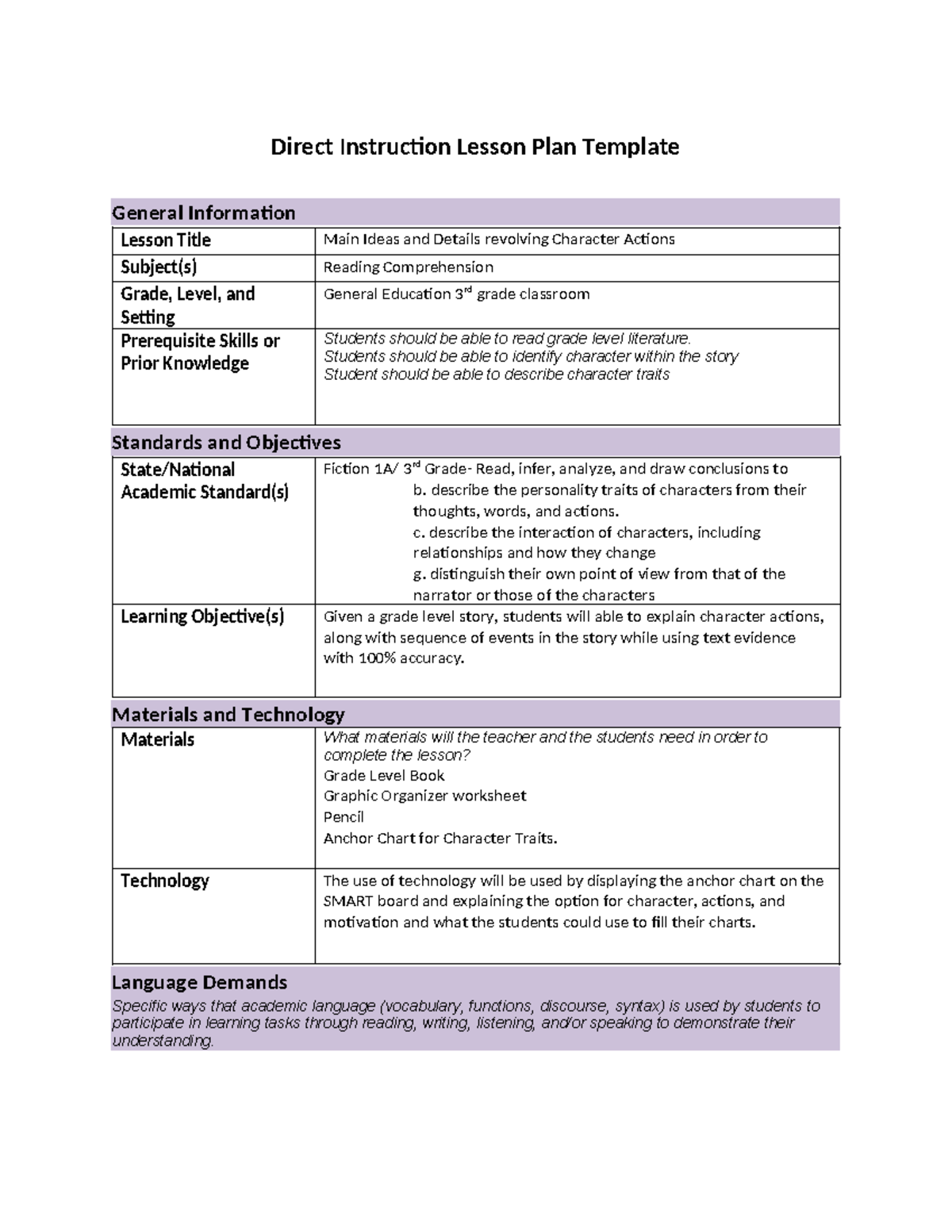 3rd Grade ELA Lesson Plan: Character Actions & Traits Analysis - Studocu