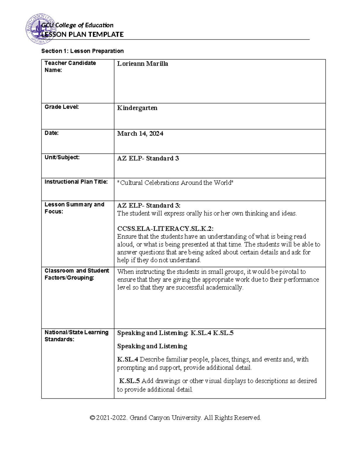 ESL-440 Topic 7 Benchmark: Lesson Plan for English Language Learners ...