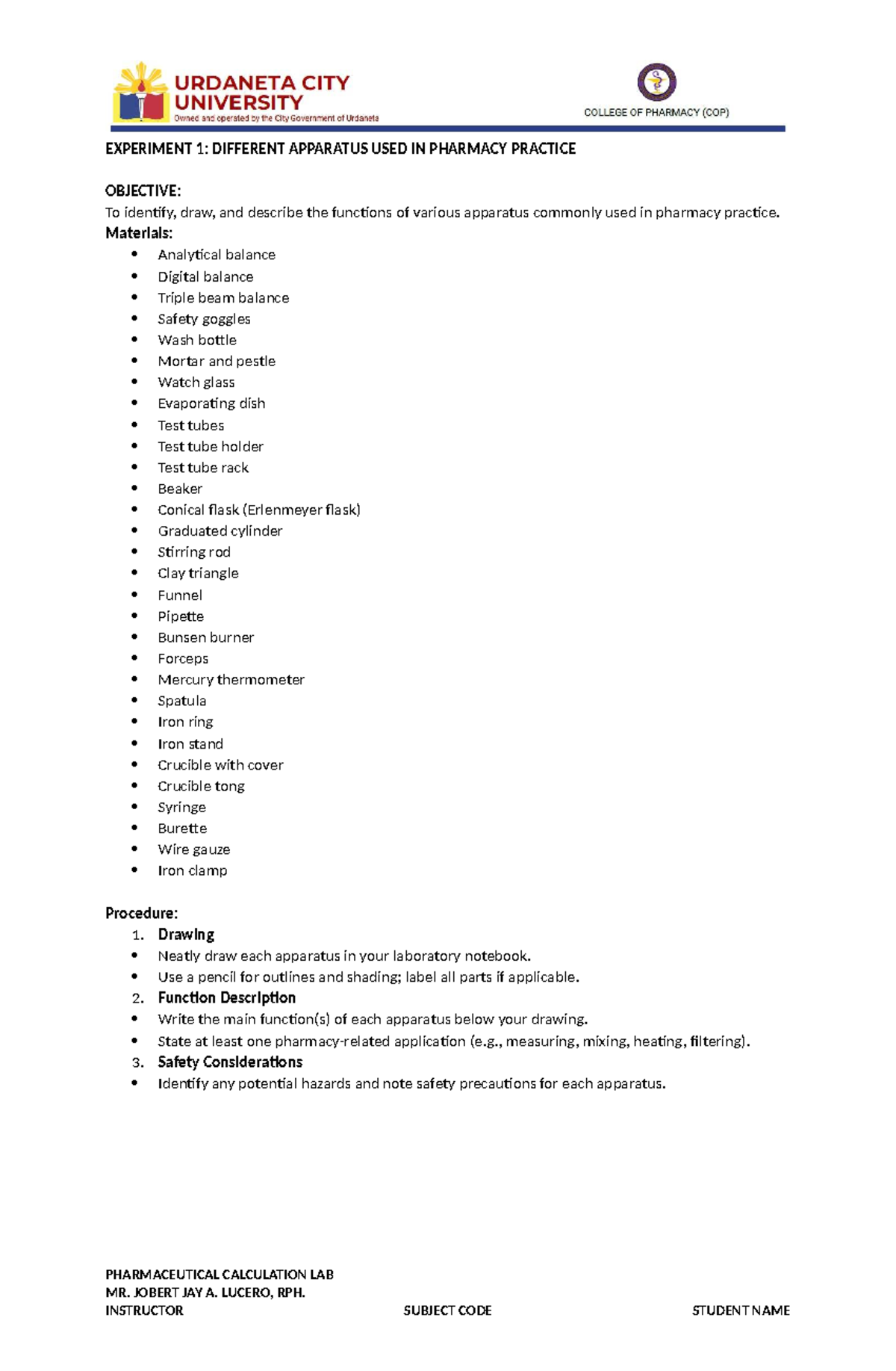 Experiment 1: Apparatus in Pharmacy Practice - PCAL Lab - Studocu