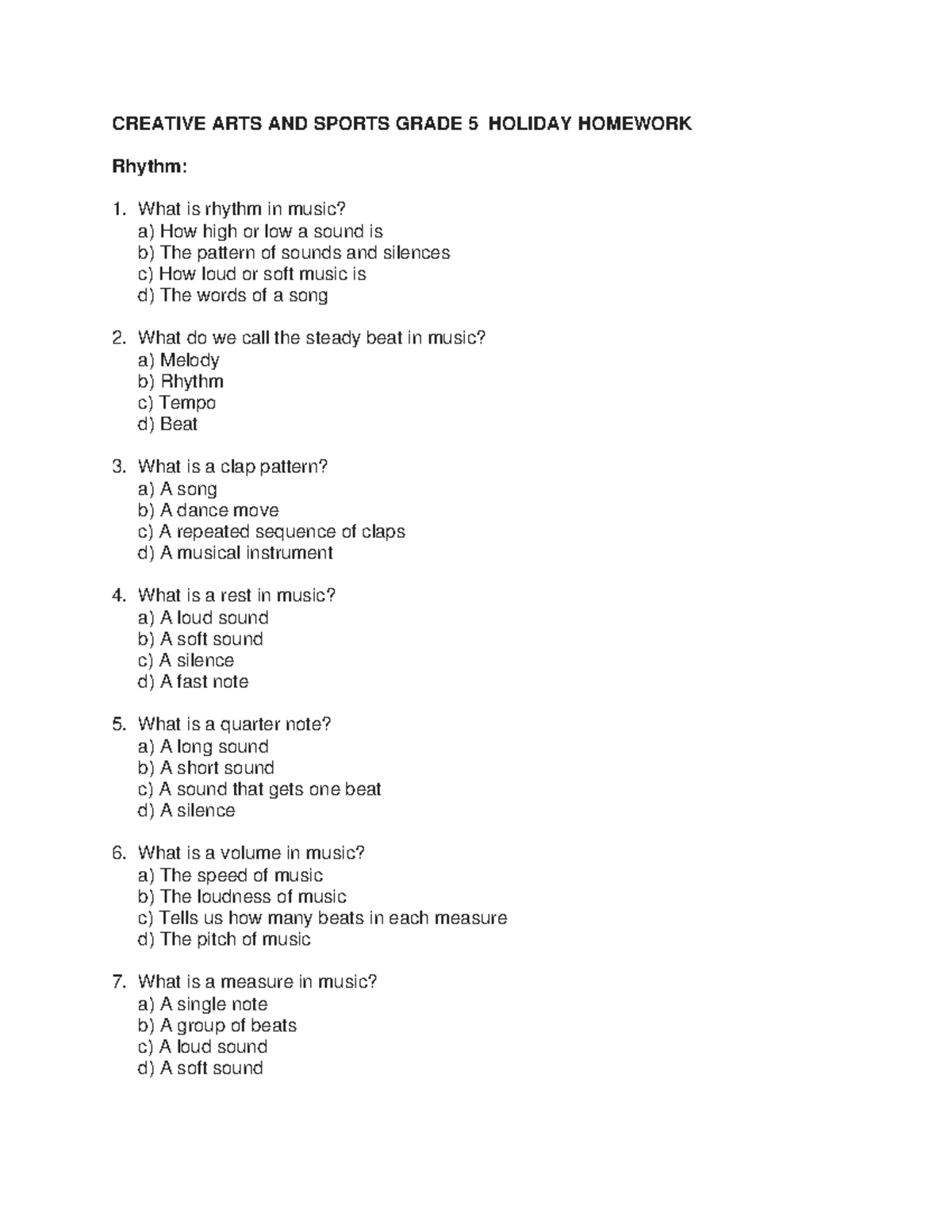 Creative Arts & Sports Grade 5 Holiday Homework Guide - Studocu