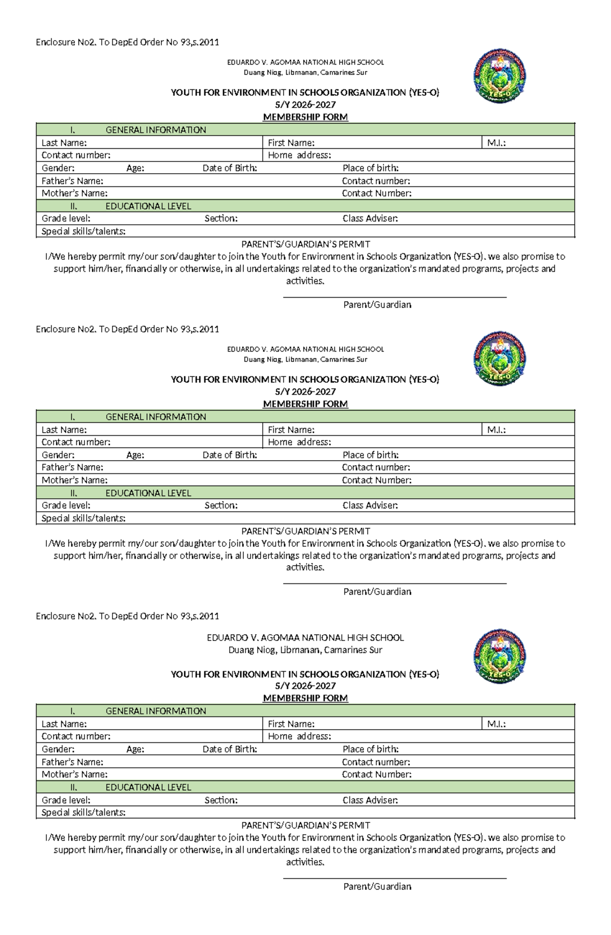 Youth for Environment in Schools Org Membership Form - Enclosure No2 ...