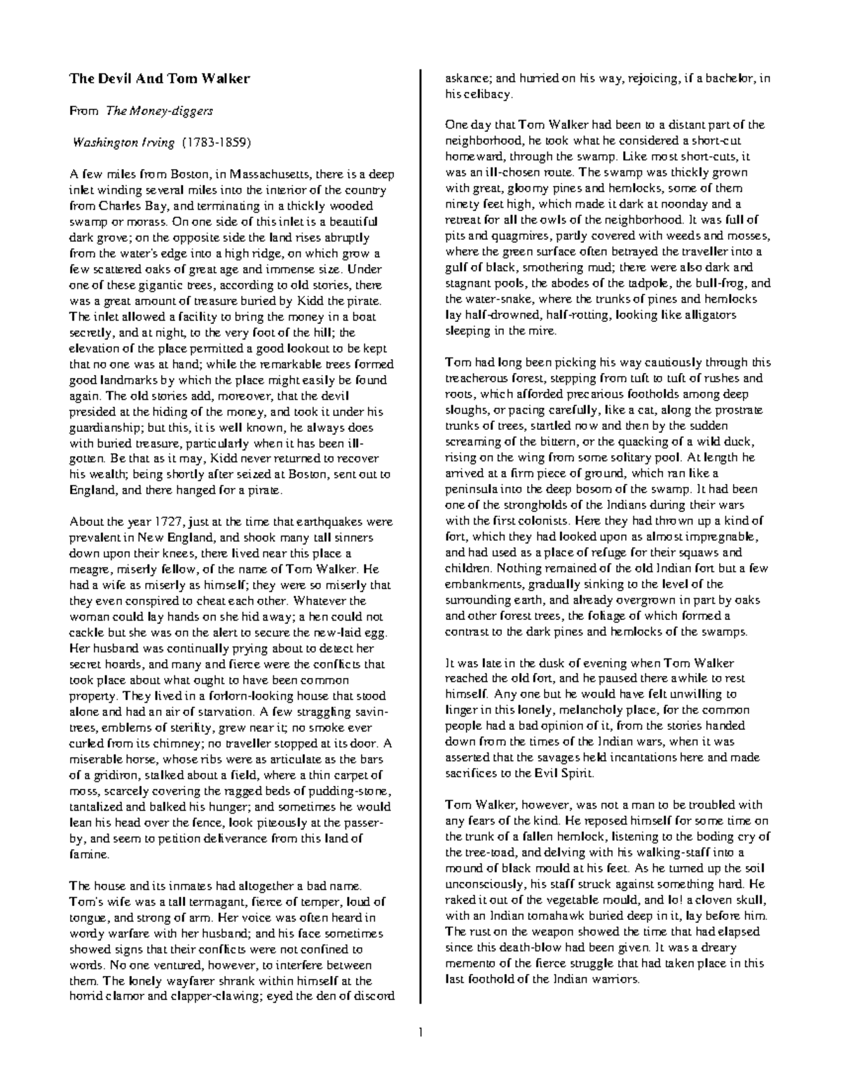 Devil and Tom Walker text pdf - The Devil And Tom Walker From The Money ...