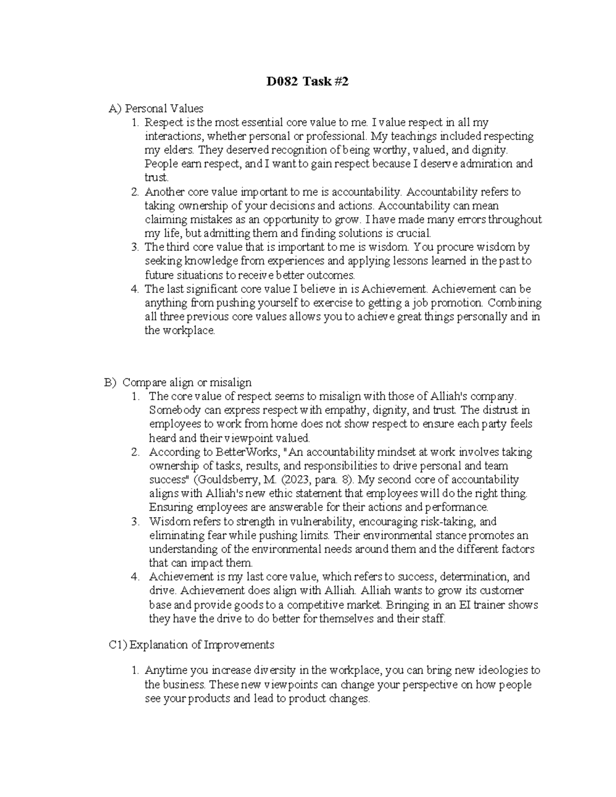 D082 Task 2: Core Values and Workplace Alignment Analysis - Studocu