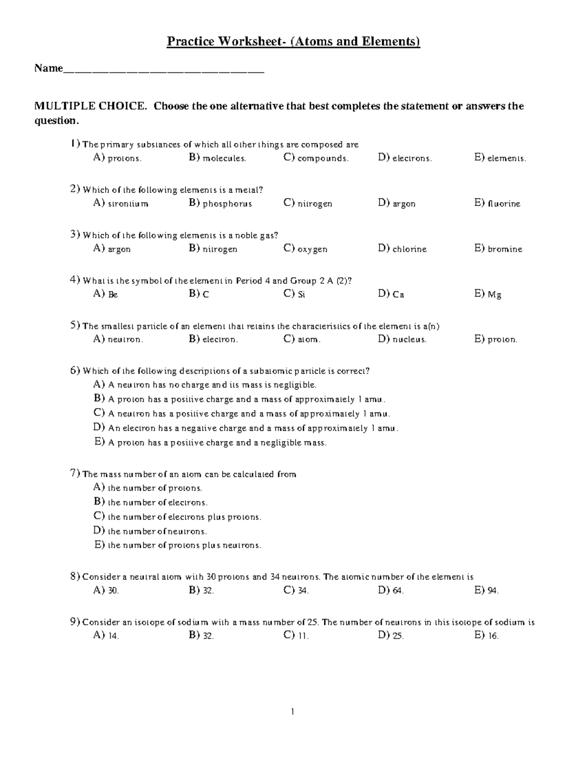 Atoms and Elements Practice MCQ - CH 4 with Answer Key - Studocu