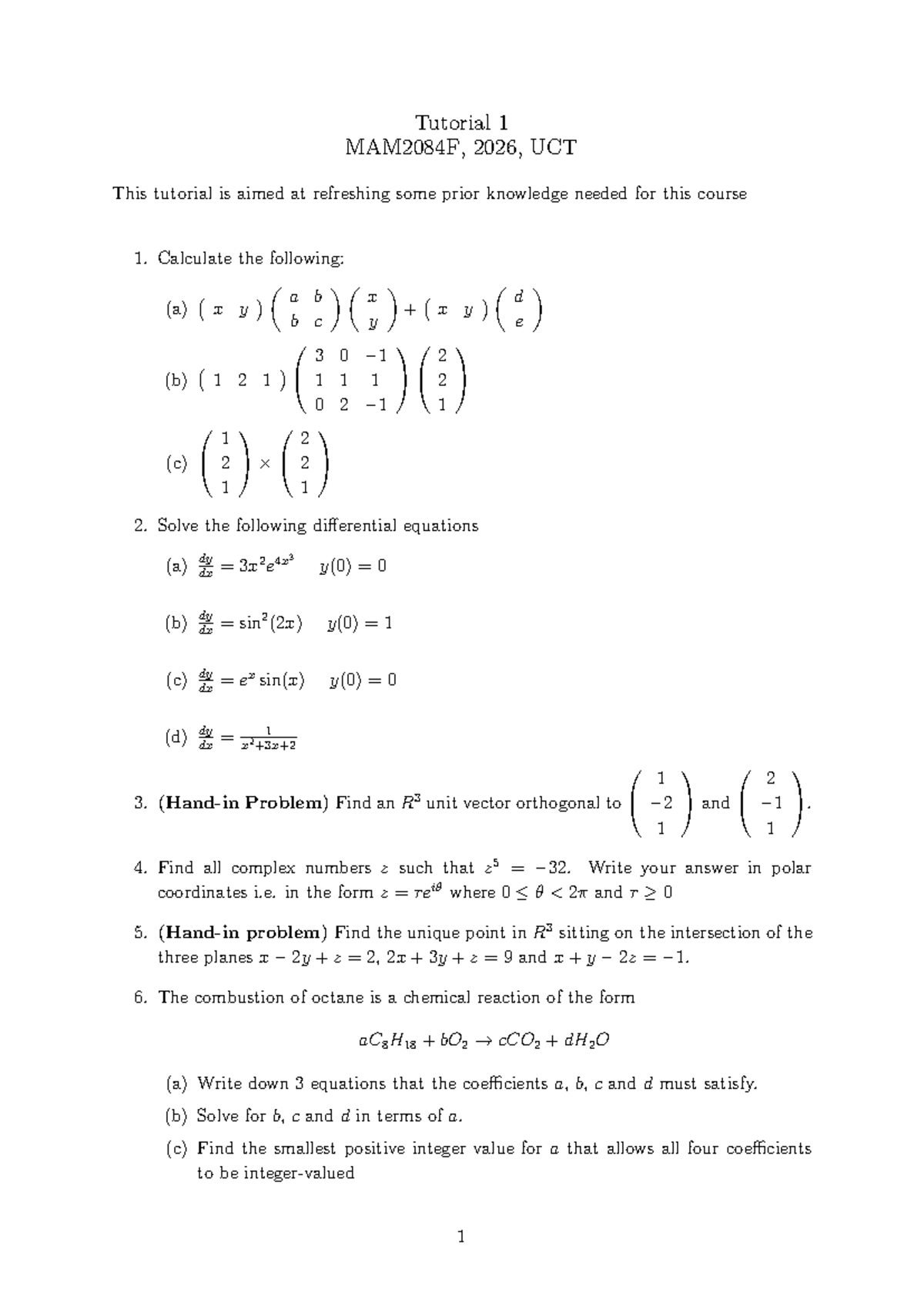 MAM2084F 2026 Tutorial 1: Differential Equations & Vector Problems ...