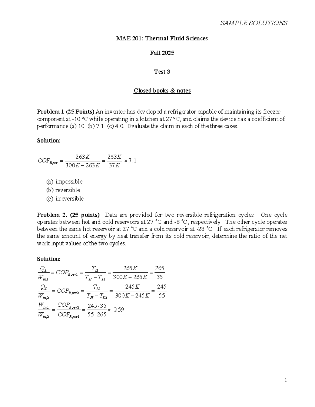 MAE 201: Sample Solutions for Fall 2025 Test 3 - Studocu