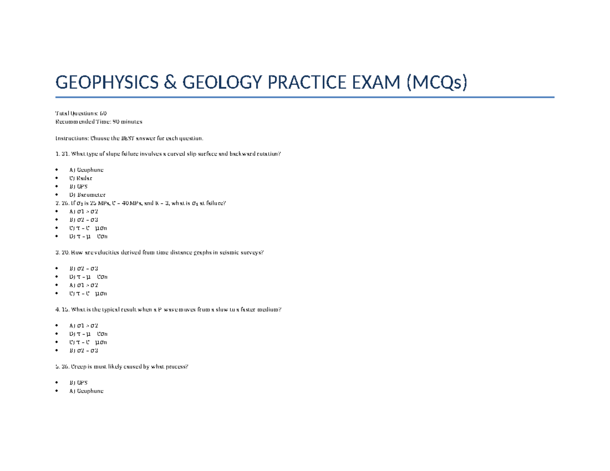 GEOPHYSICS GEOLOGY PRACTICE EXAM (MCQs) - 60 Questions Total - Studocu