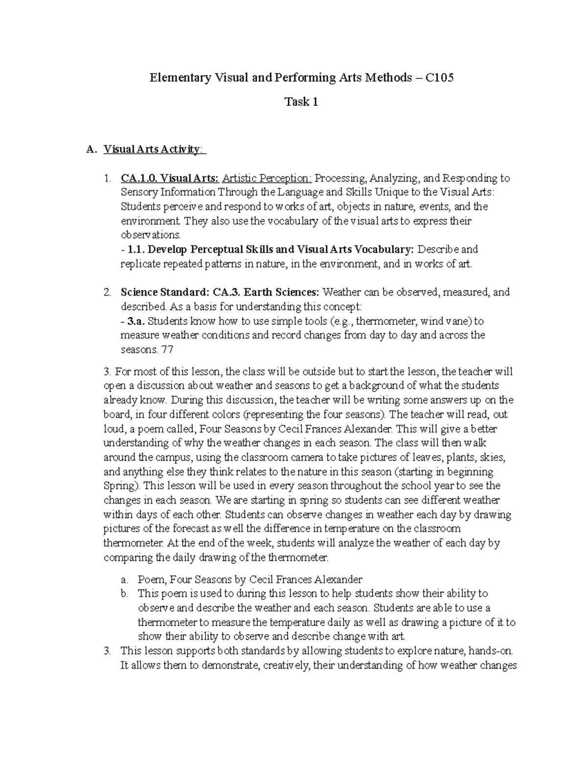 C105 Arts - study guide - Elementary Visual and Performing Arts Methods ...