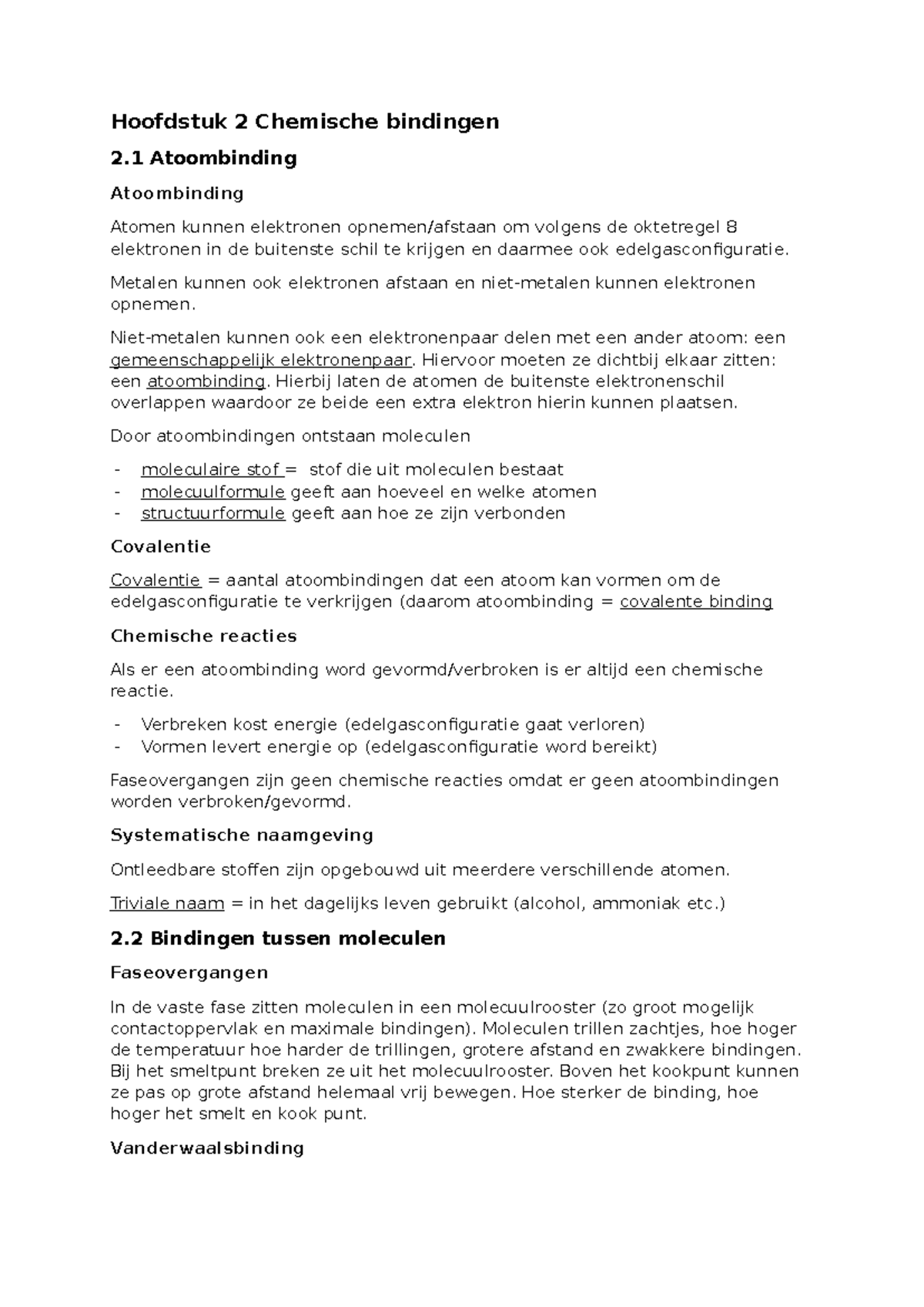 Scheikunde Nova 4vwo H2 Samenvatting: Chemische Bindingen - Studeersnel