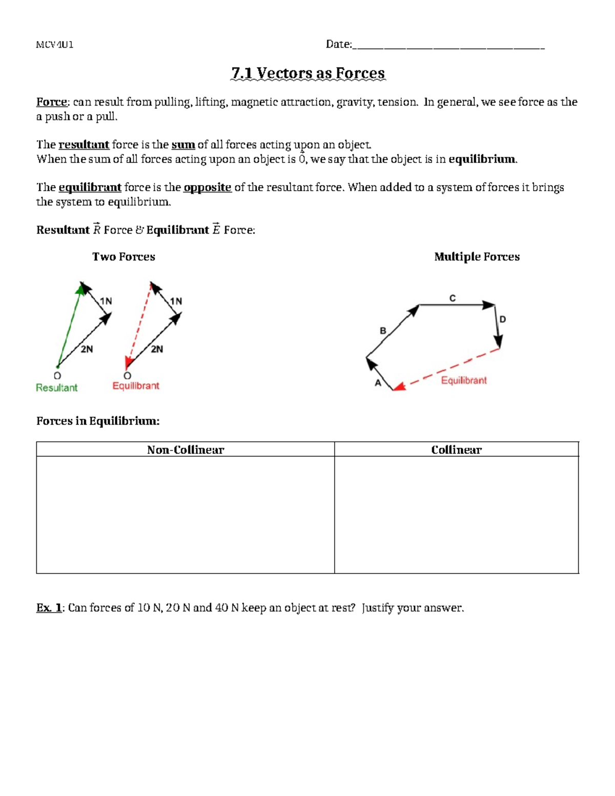 MCV4U1 7.1 Vectors as Forces - Equilibrium and Resultant Forces - Studocu