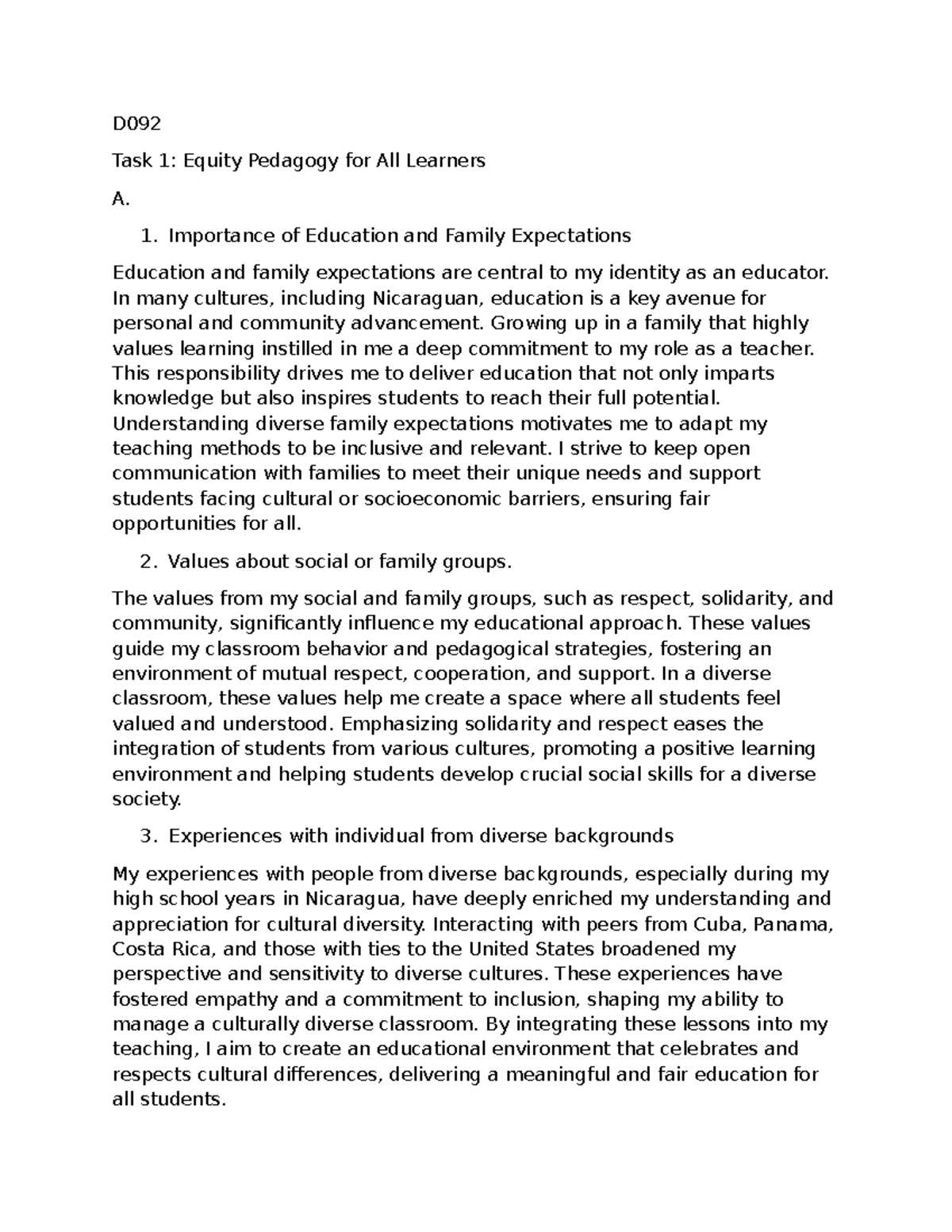 D096 Task1 Equity Pedagogy for All Learners - D Task 1: Equity Pedagogy ...