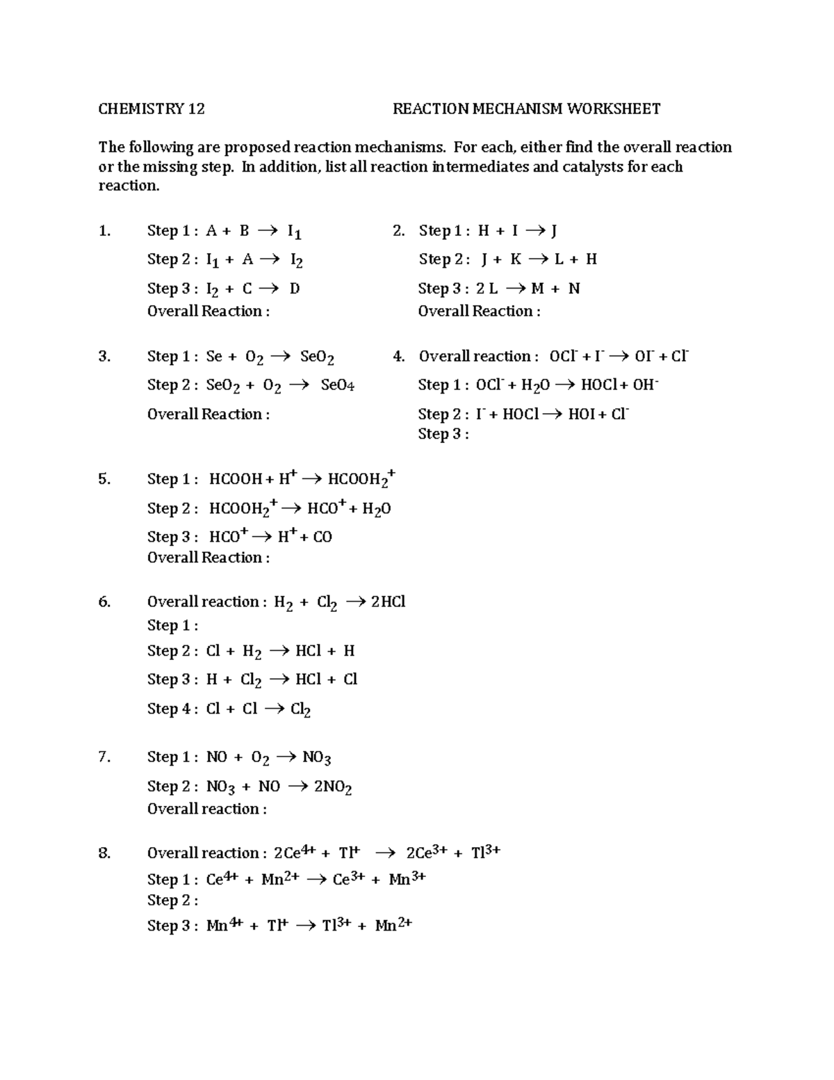 CHEMISTRY 12 REACTION MECHANISM WORKSHEET & KEY - Studocu