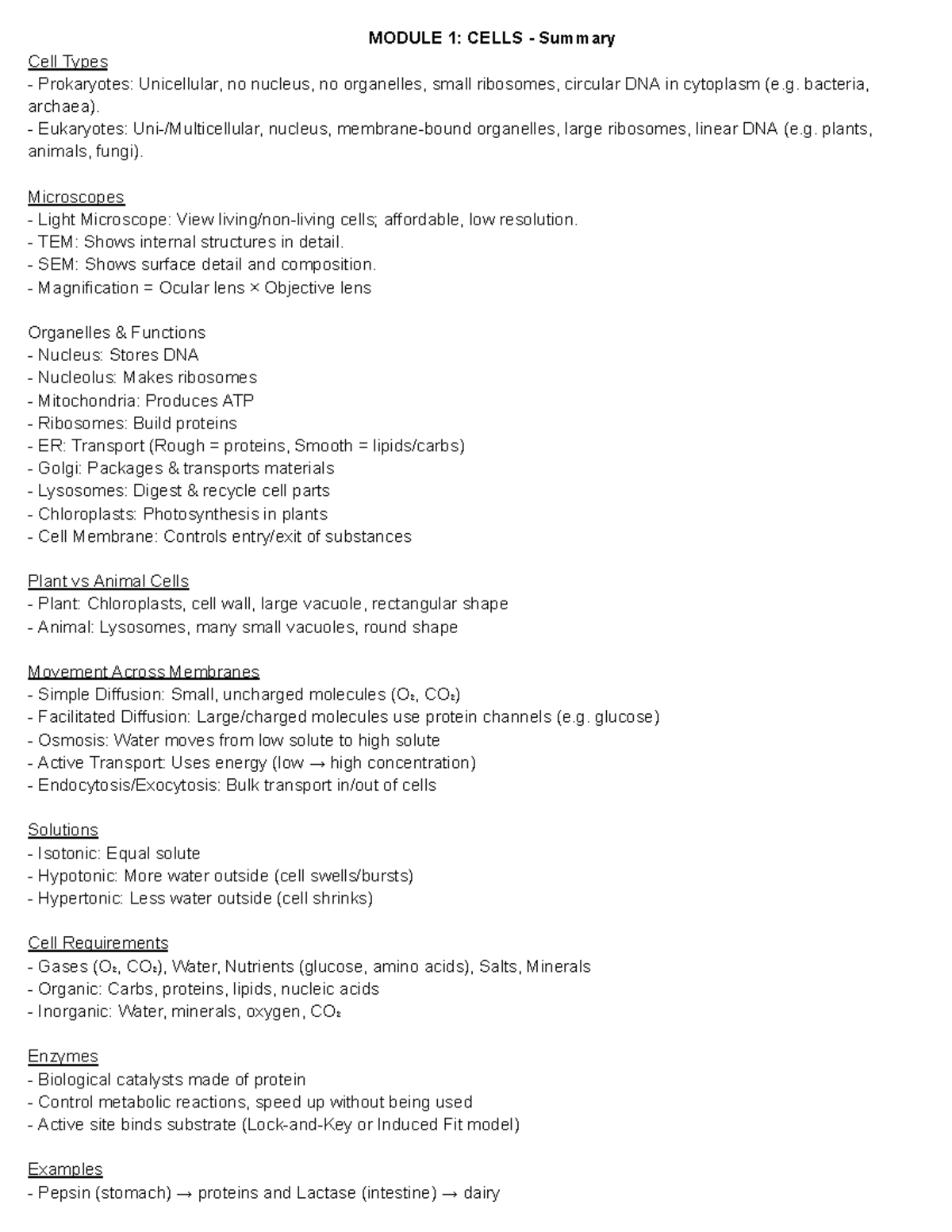 Bio 101: Module 1 - Cells Summary and Key Concepts - Studocu